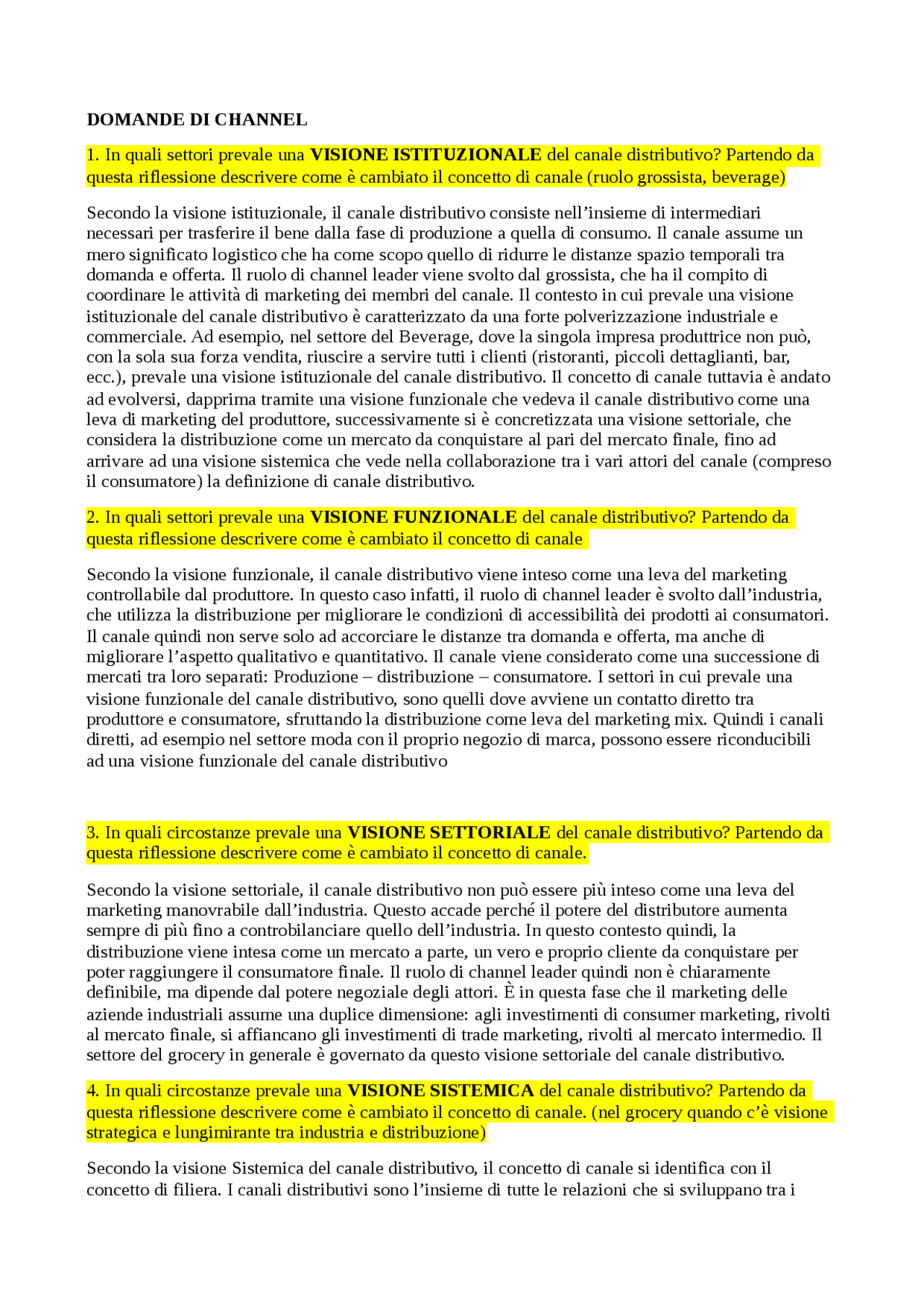 Domande (e risposte) Esame Channel Management professoressa Silvia Bellini - Docsity