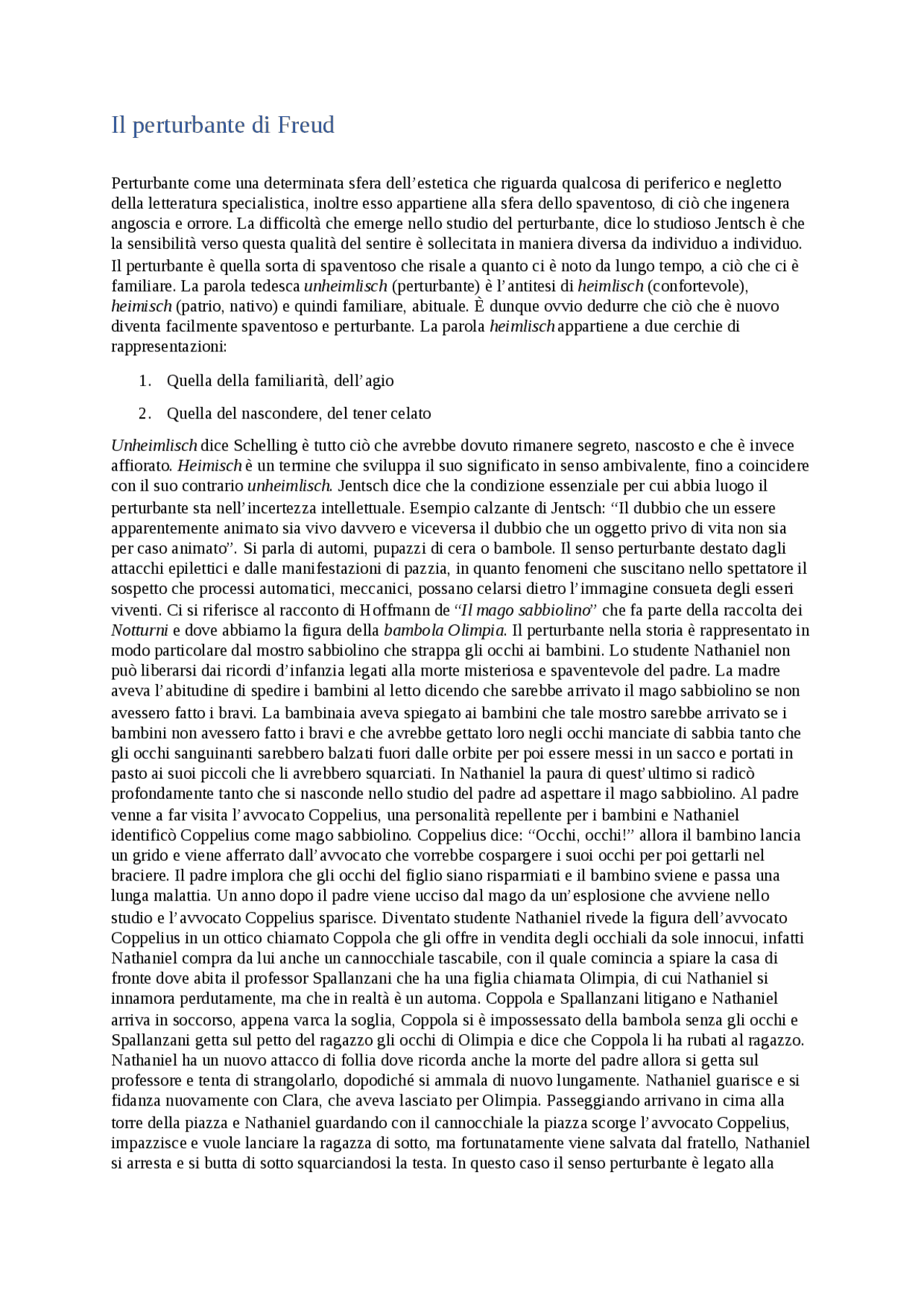 Riassunto Saggio Il Perturbante Di Freud Docsity