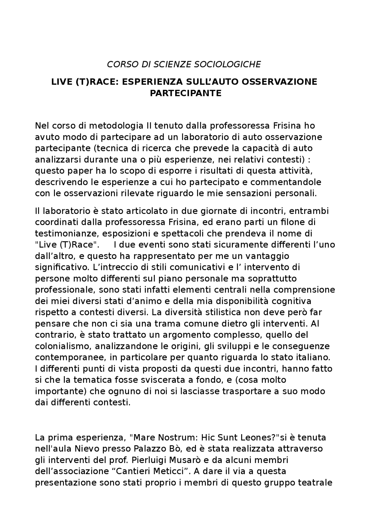 Auto Osservazione Partecipante Docsity