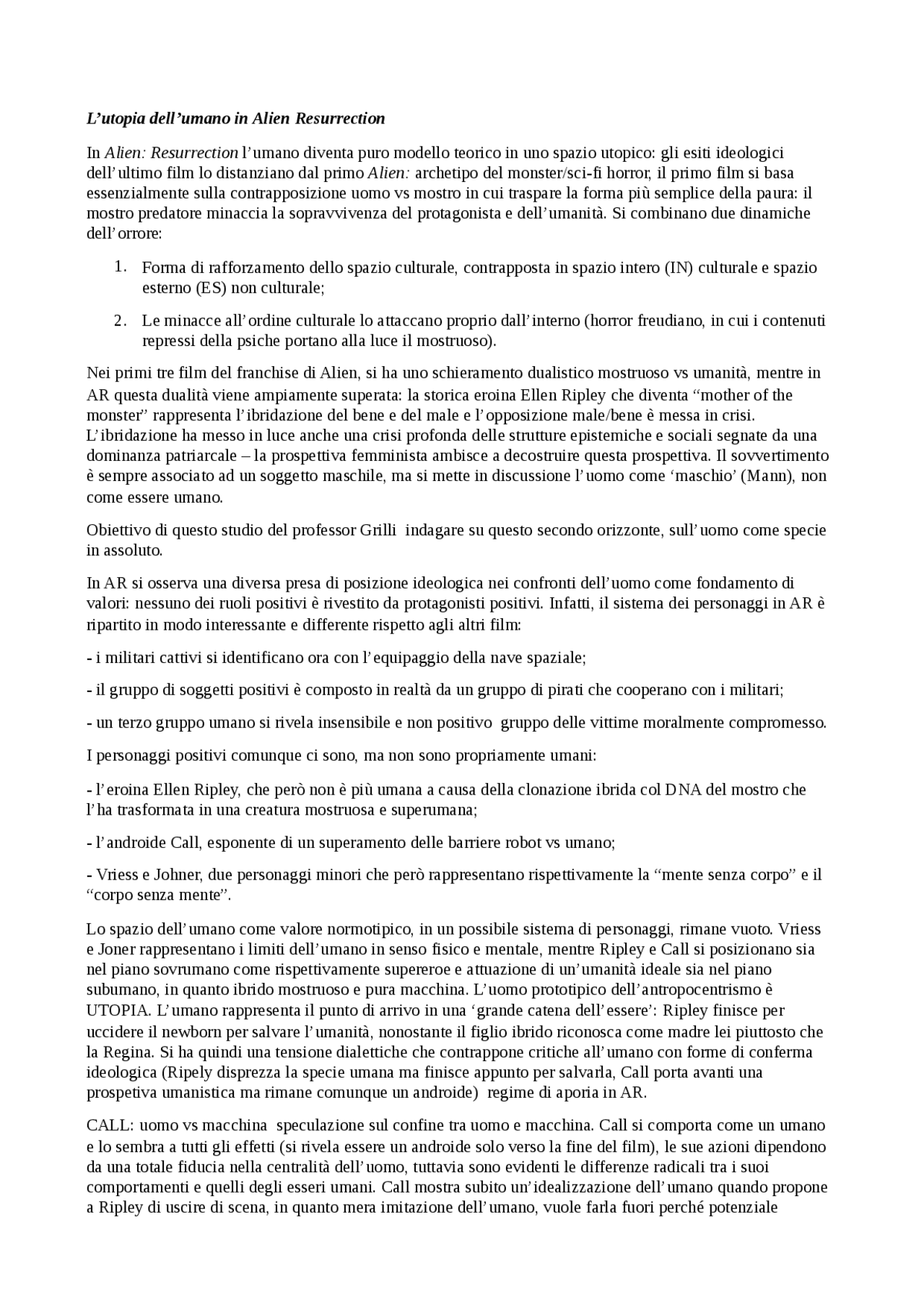 Riassunto Del Saggio Alien Resurrection Docsity