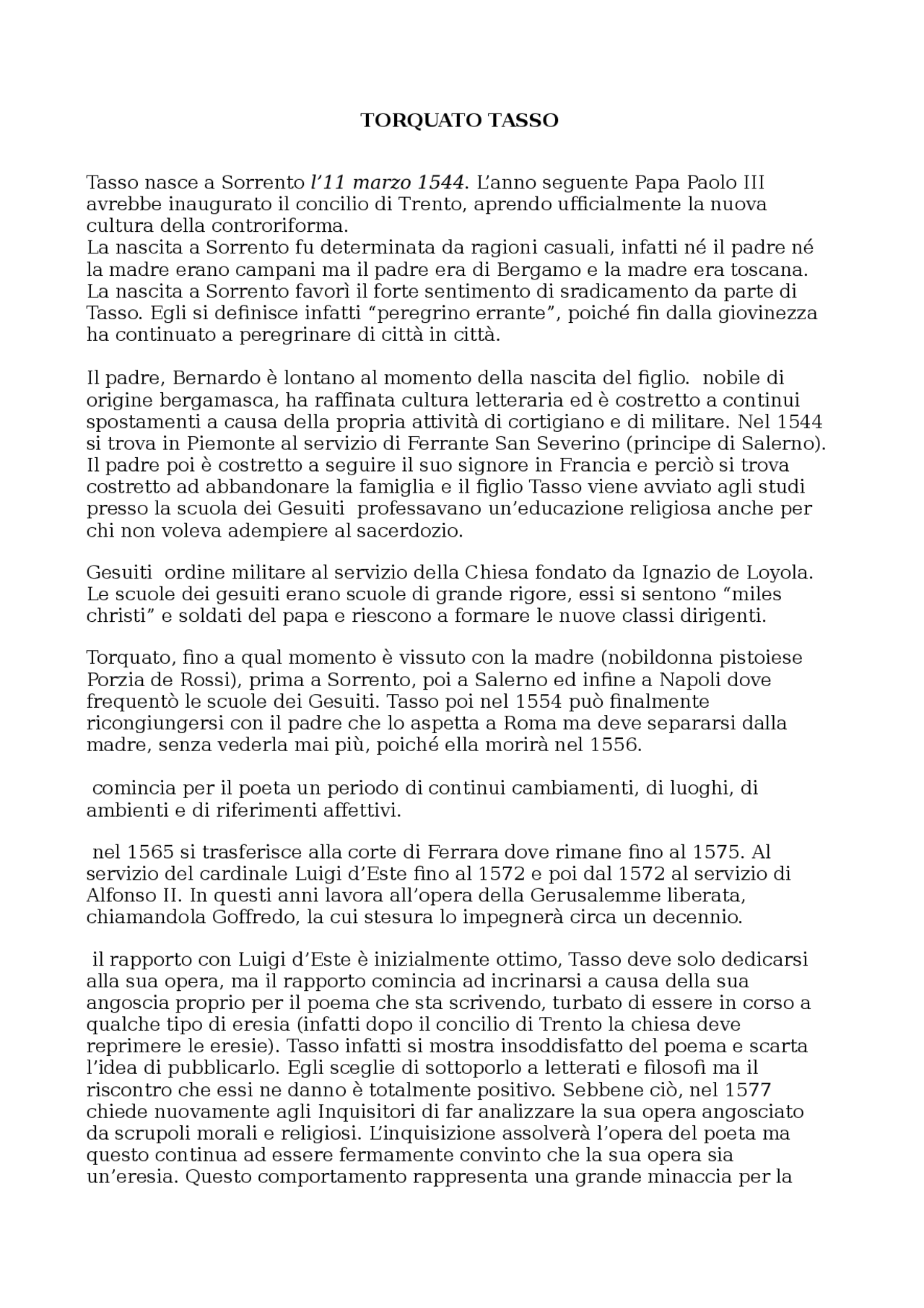Torquato Tasso Appunti Docsity