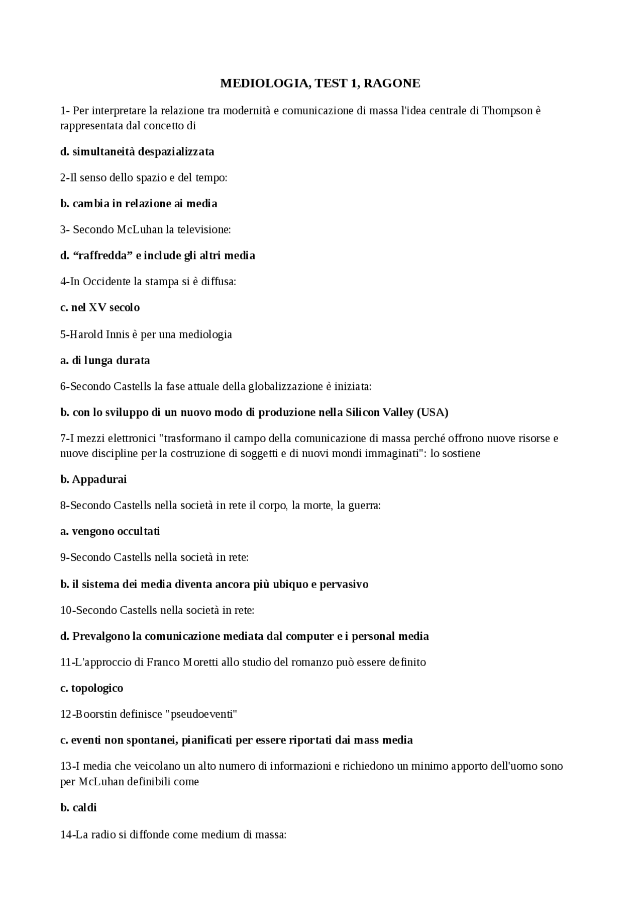 Risposte Test 1 Mediologia Ragone Docsity