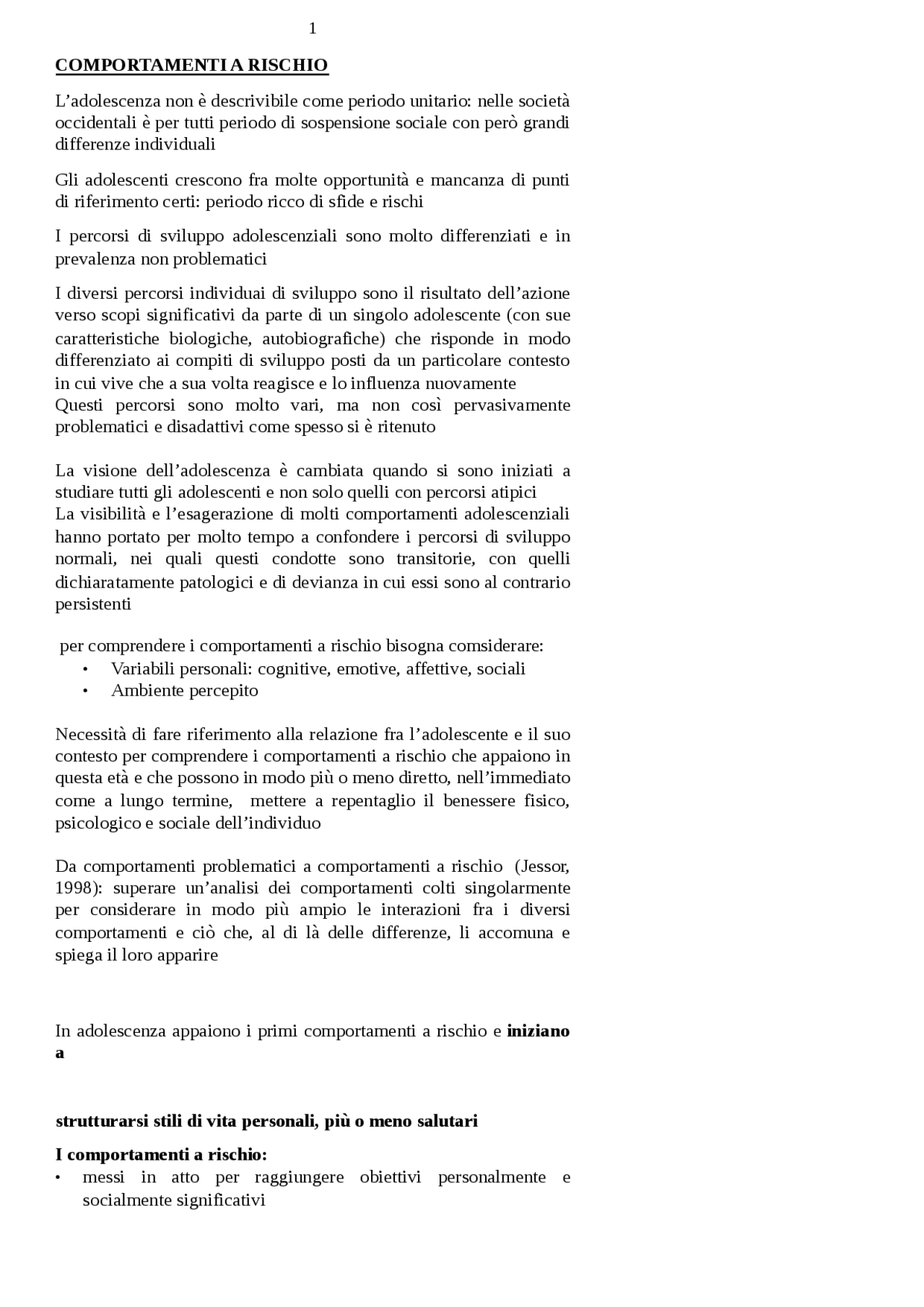 Appunti Lezione Sui Rischi In Adolescenza Docsity