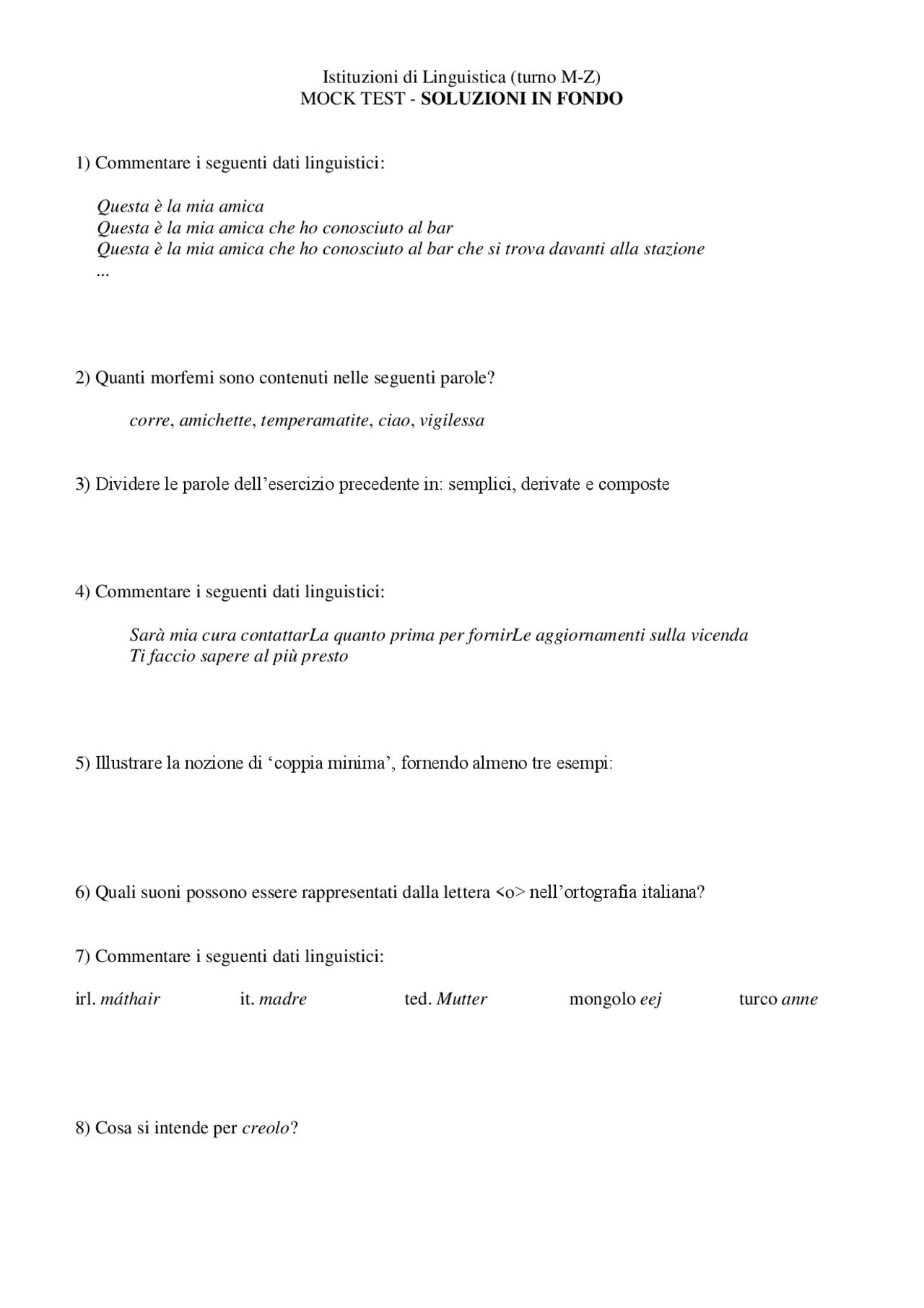 Esercitazione 1 Esame Istituzioni Di Linguistica Arcodia Docsity