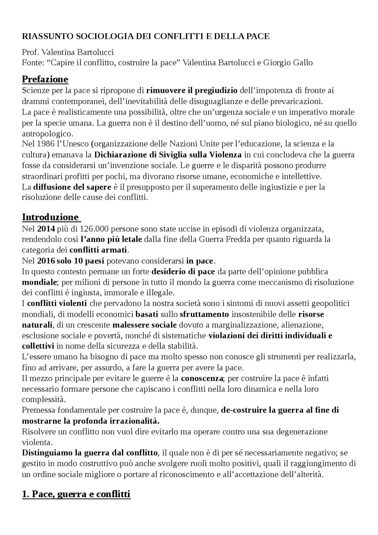 Riassunto Capire Il Conflitto Costruire La Pace Docsity