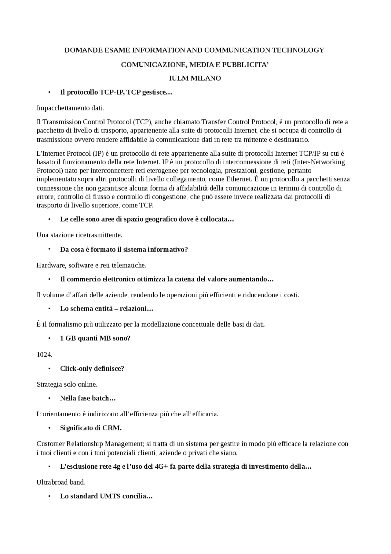Domande Esame Ict Con Risposte Docsity