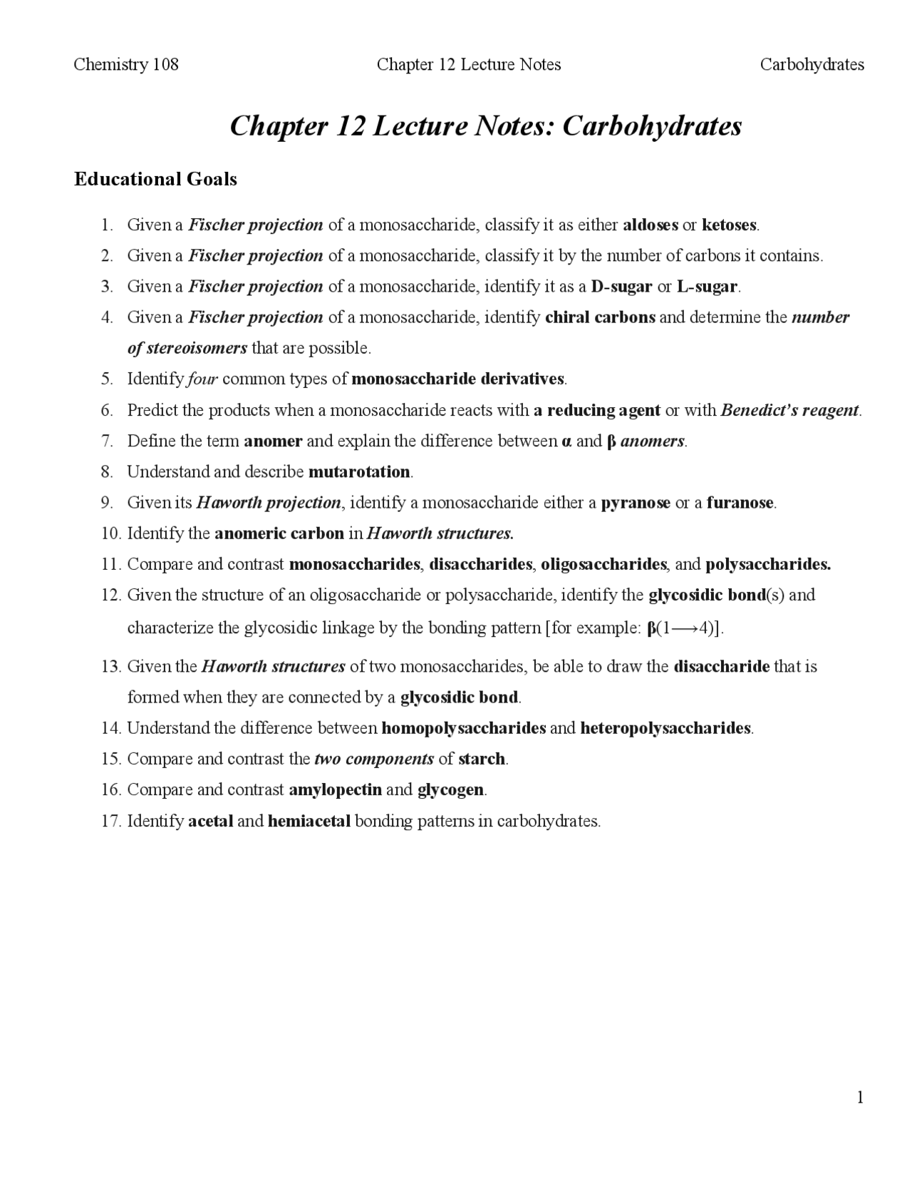 Carbohydrates Lecture Notes Docsity