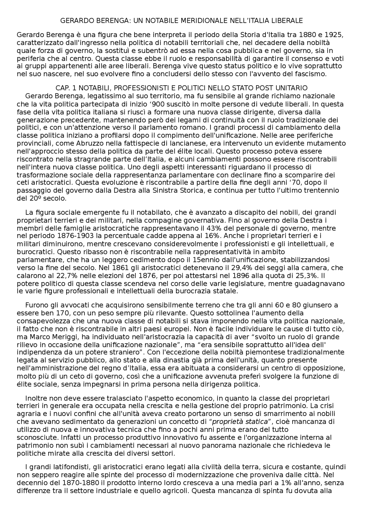 Gerardo Berenga. Un notabile meridionale nell’Italia Liberale - Docsity