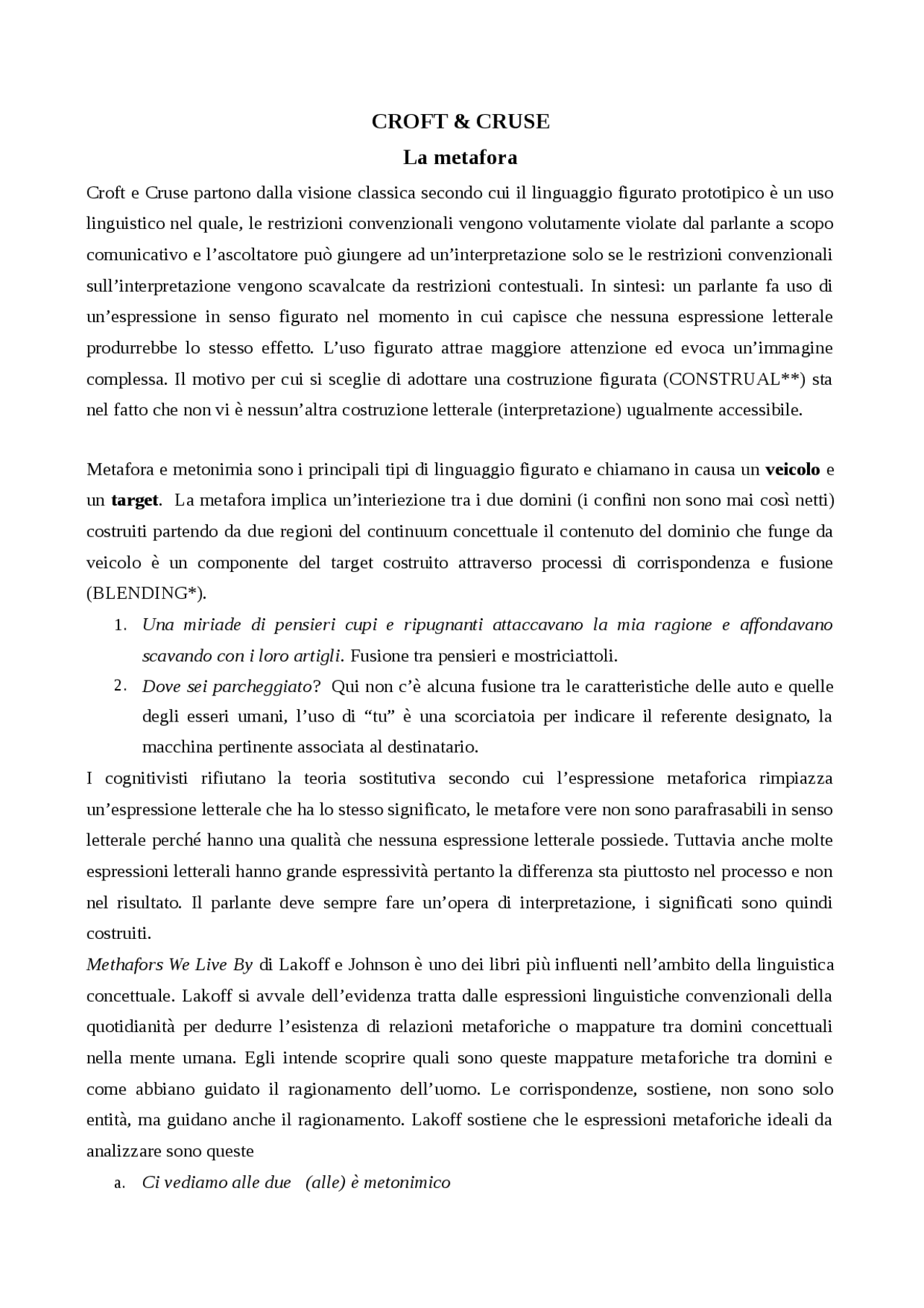 Riassunto Croft e Cruse - la metafora - - Docsity