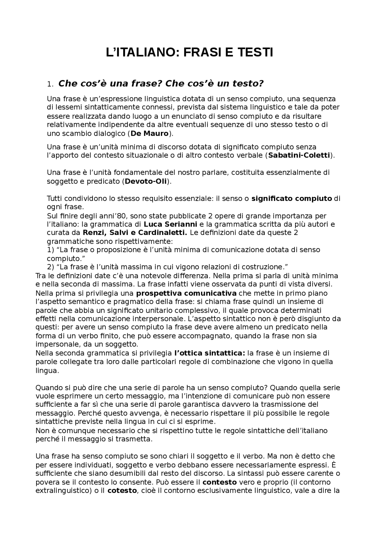 Litaliani Frasi E Testi Sintesi Del Corso Di Linguistica Docsity