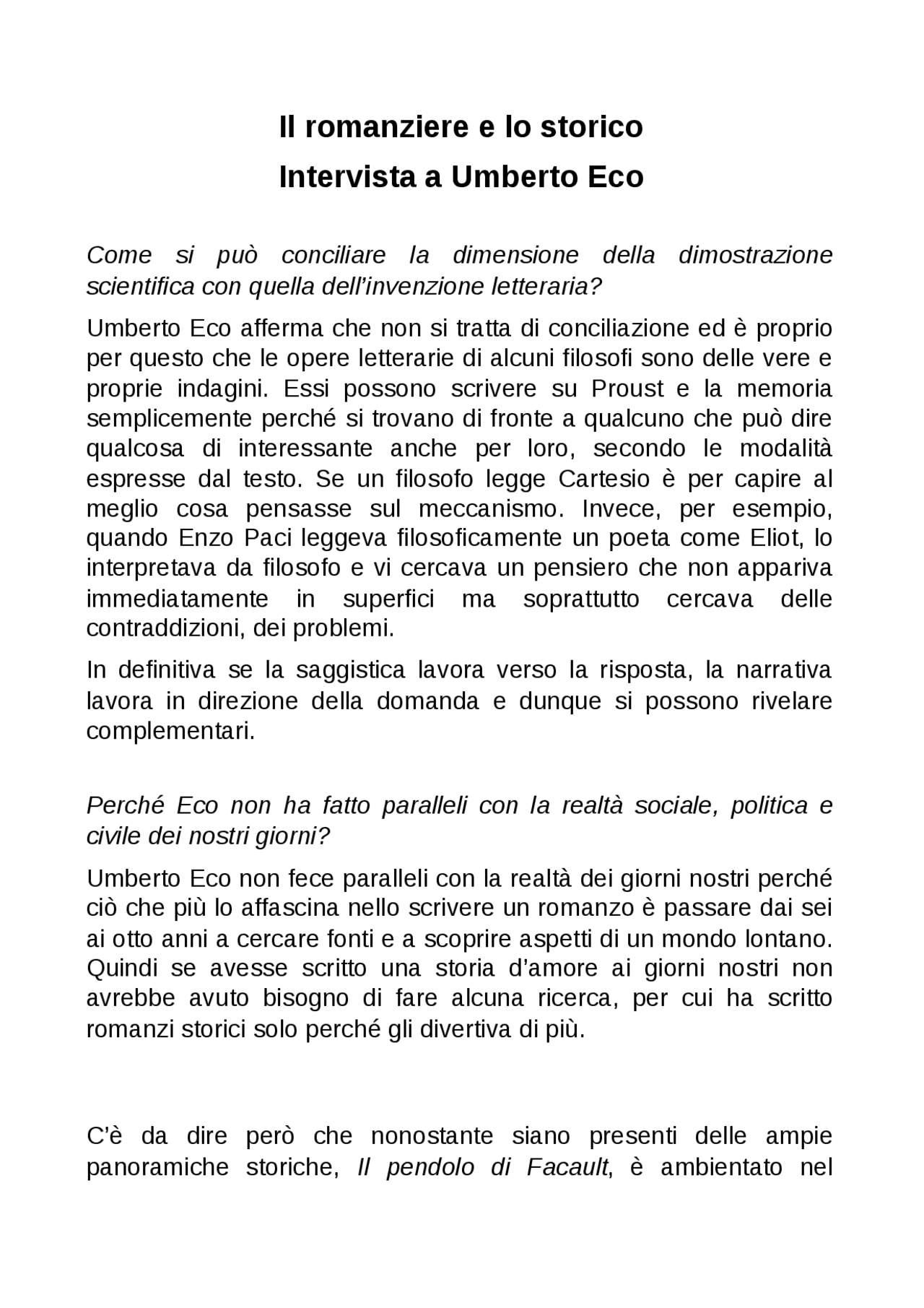 Intervista A Umberto Eco Docsity