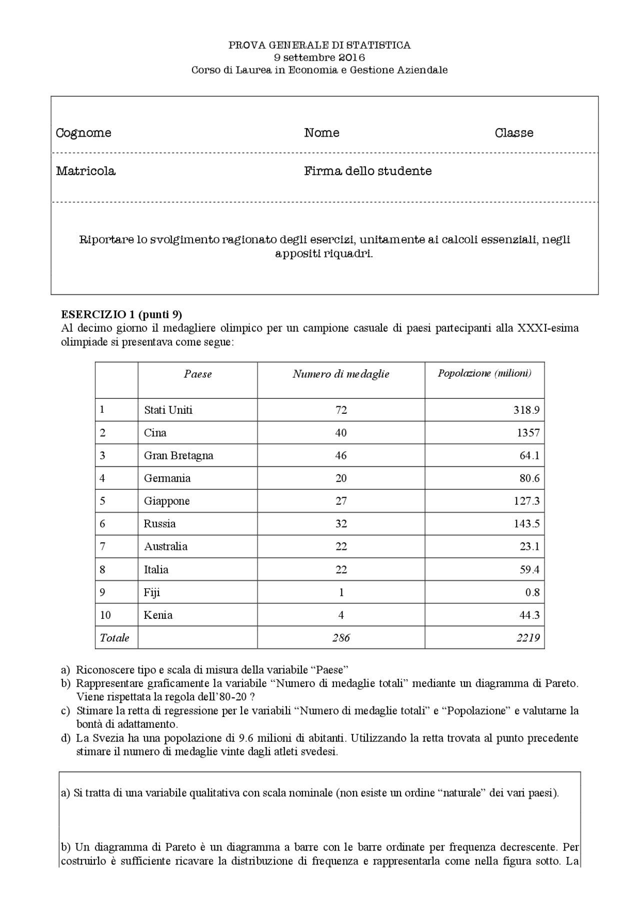 Testo E Soluzione Esame Statistica Settembre 2016 Docsity