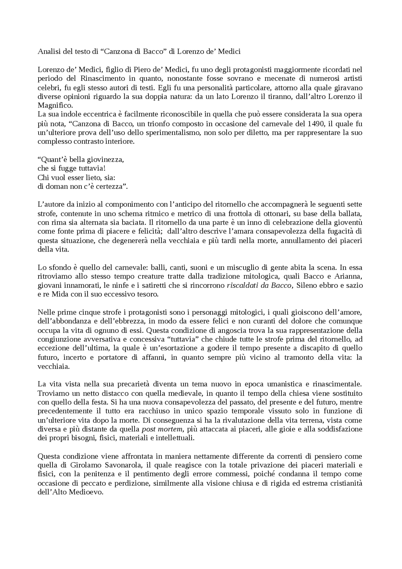 Canzona Di Bacco Analisi Del Testo Docsity