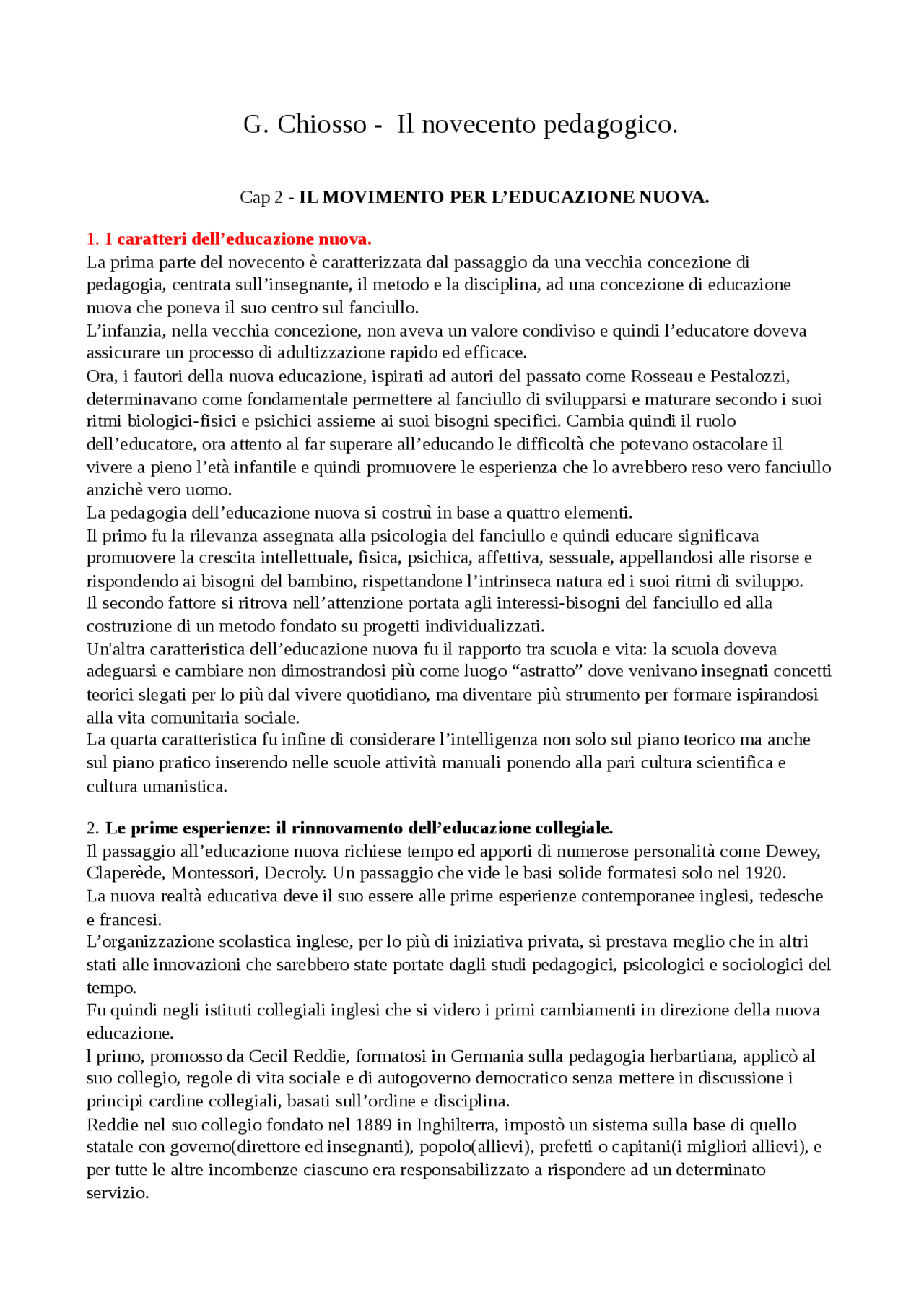 Riassunto Chiosso Novecento Pedagogico Docsity
