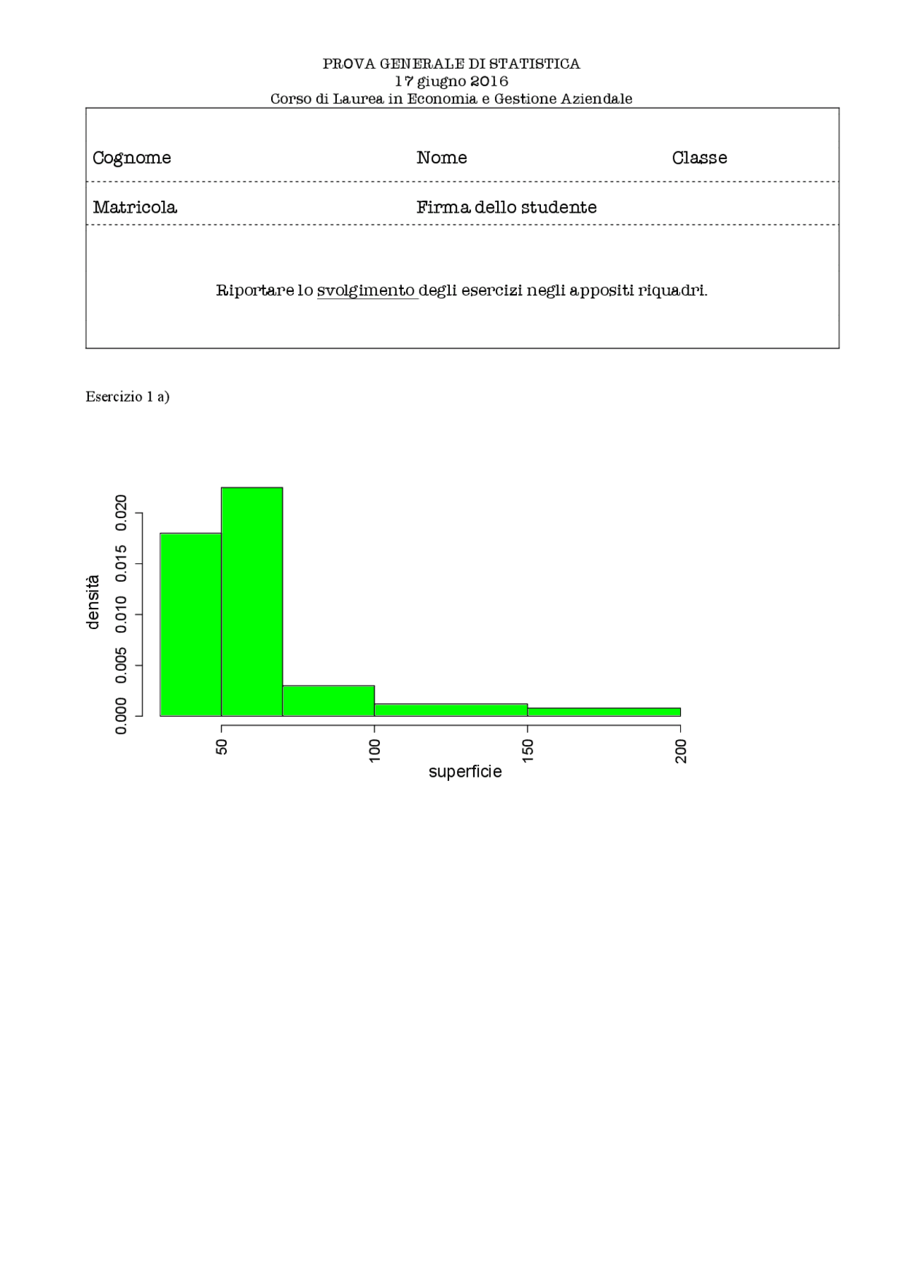 Testo E Soluzione Esame Statistica Giugno 2016 Docsity