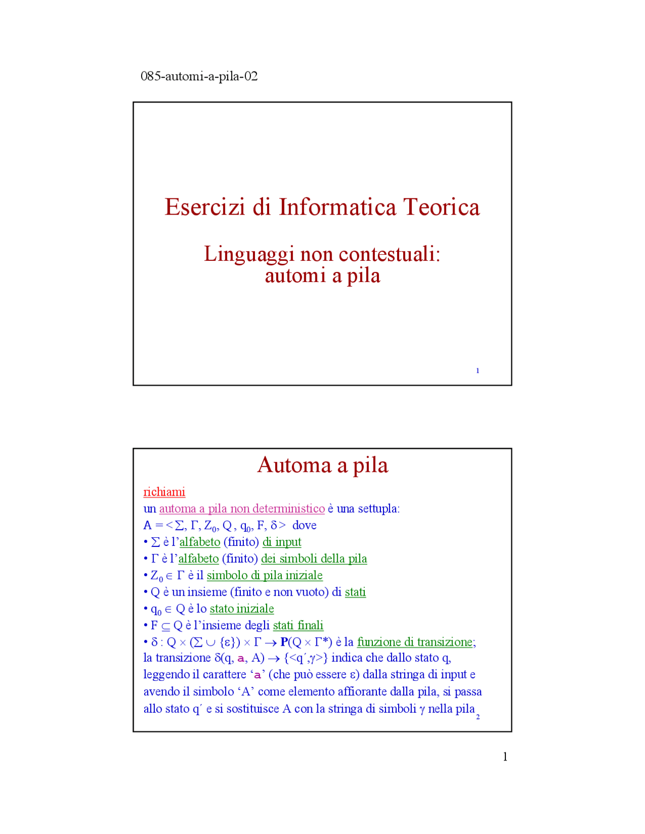 Automi a pila / Esercizi di Informatica Teorica | Esercizi di Elementi di Informatica | Docsity