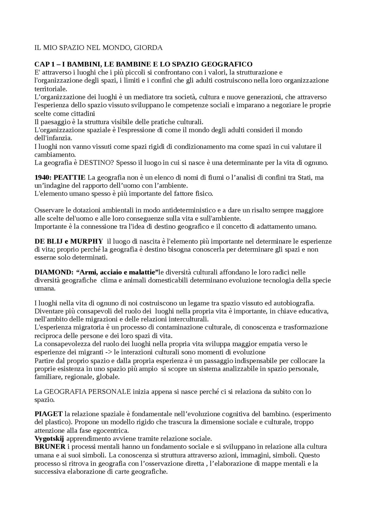 Il mio spazio nel mondo | Appunti di Geografia | Docsity