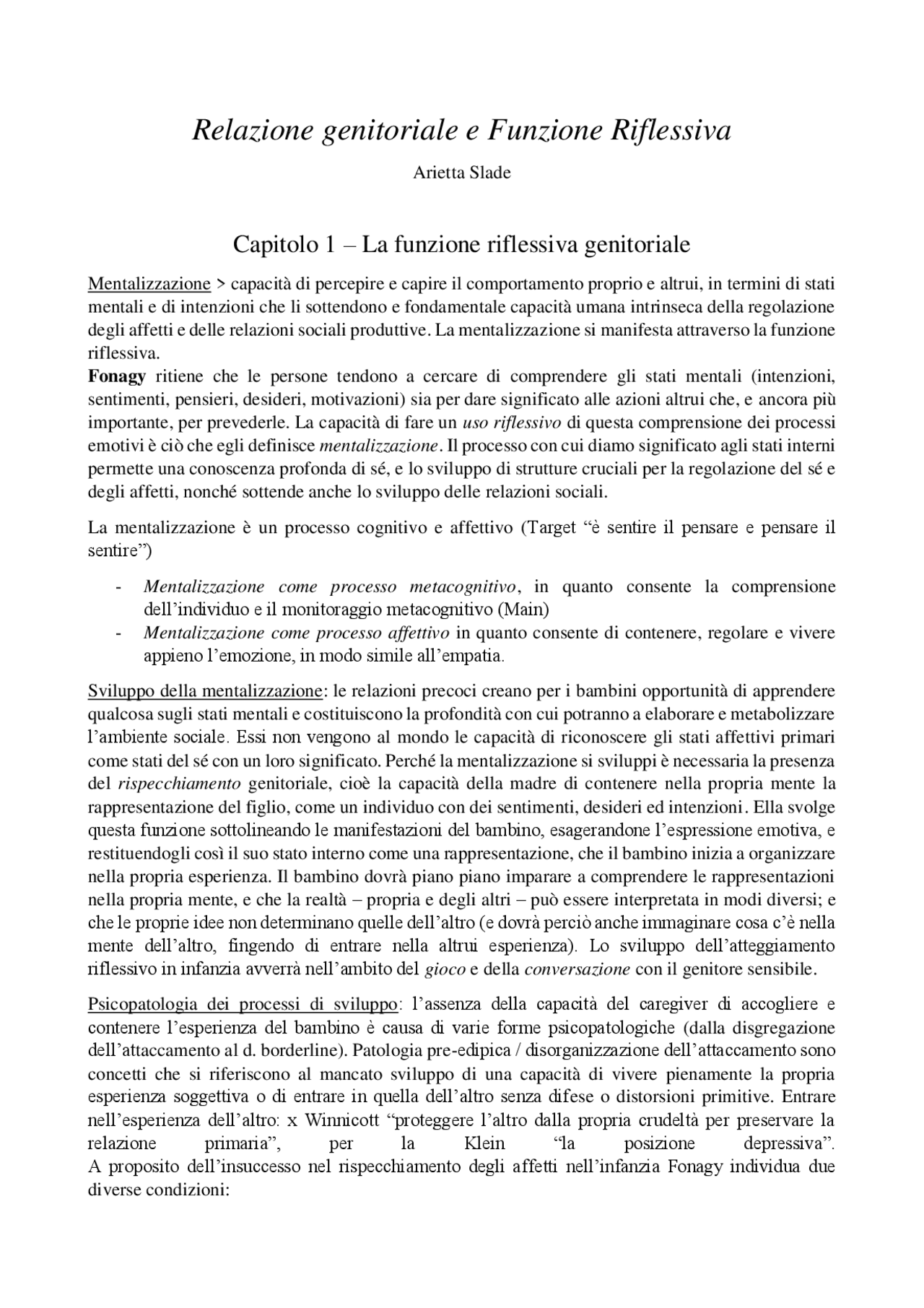 Riassunto Relazione Genitoriale E Funzione Riflessiva Aslade Docsity