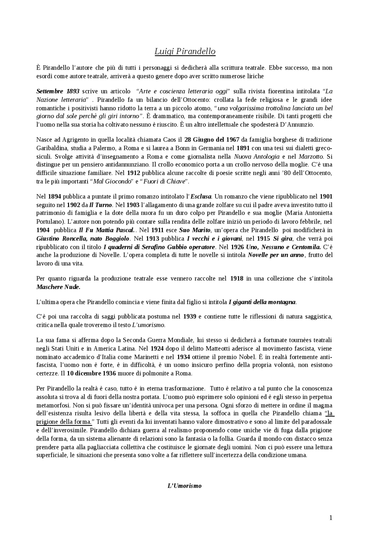 Lezione su Pirandello - Docsity