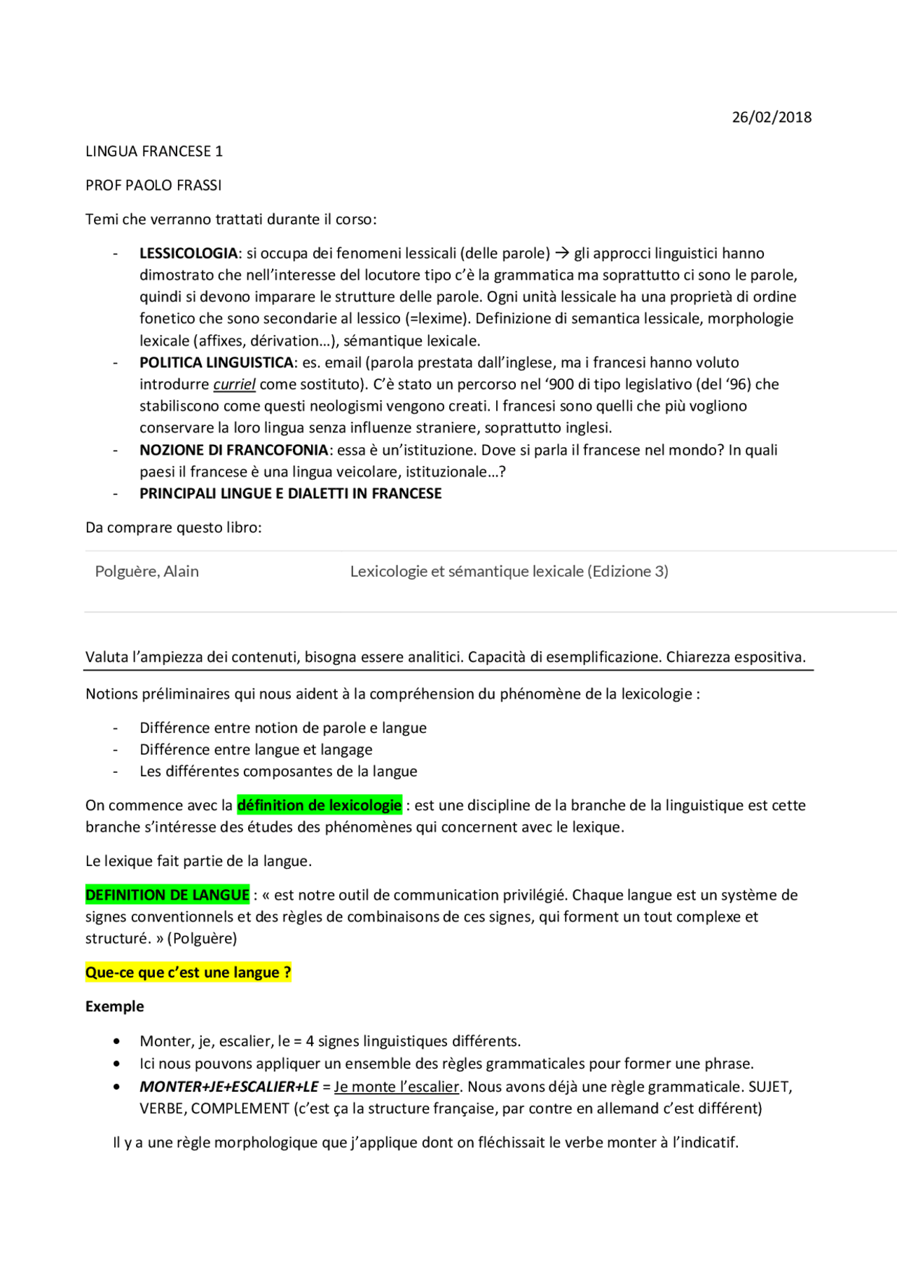 Langue Francaise Et Ex Docsity