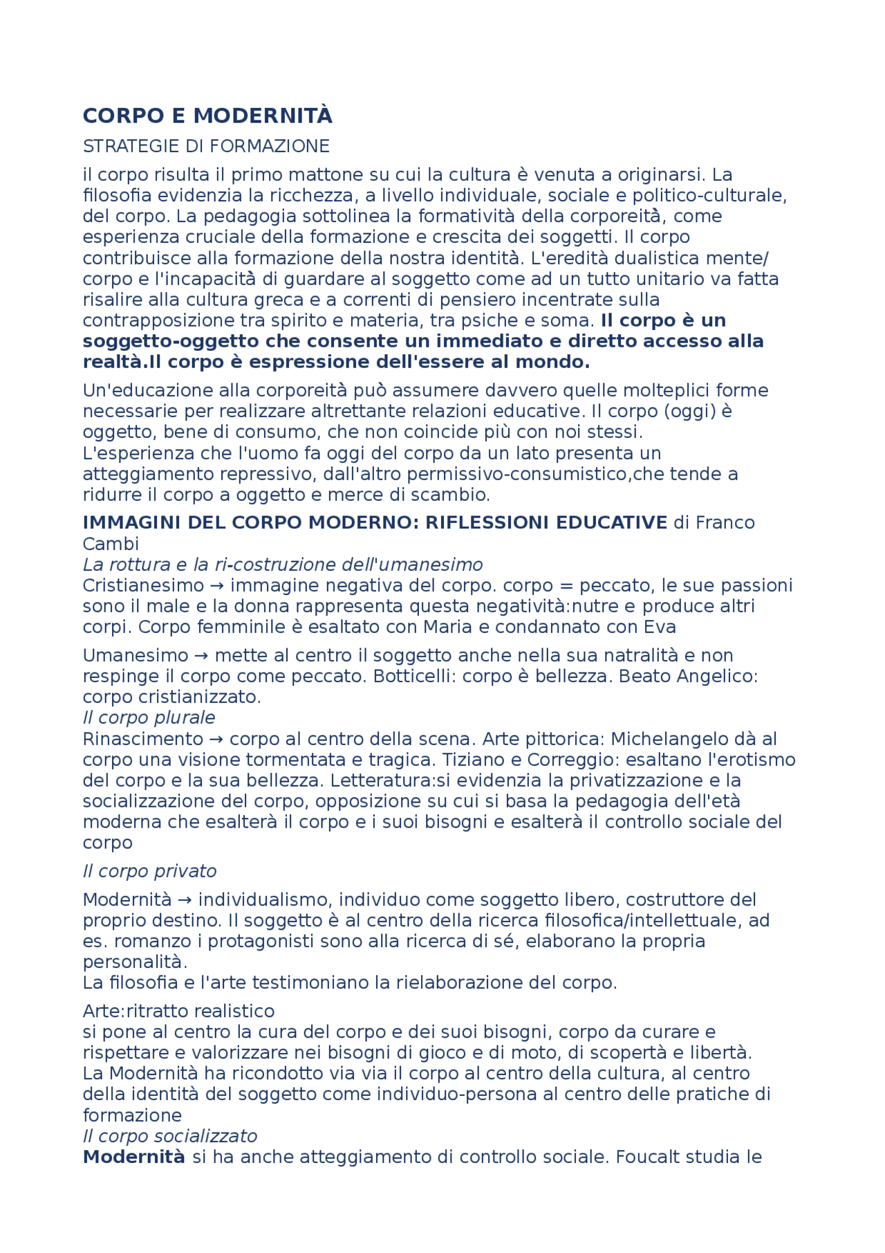 Riassunto Corpo E Modernità Docsity
