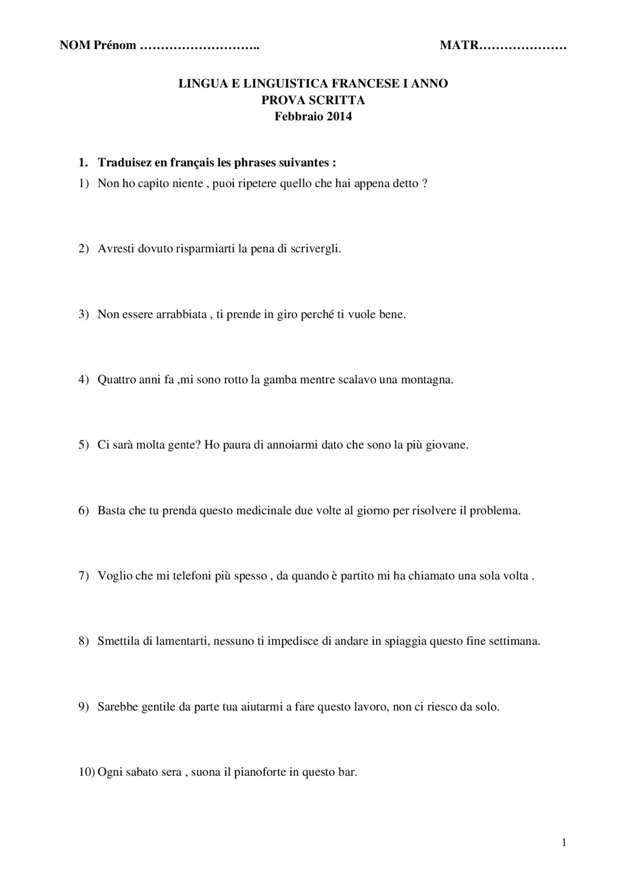Esempio Esame Scritto Francese I Esercizi Di Lingua Francese Docsity