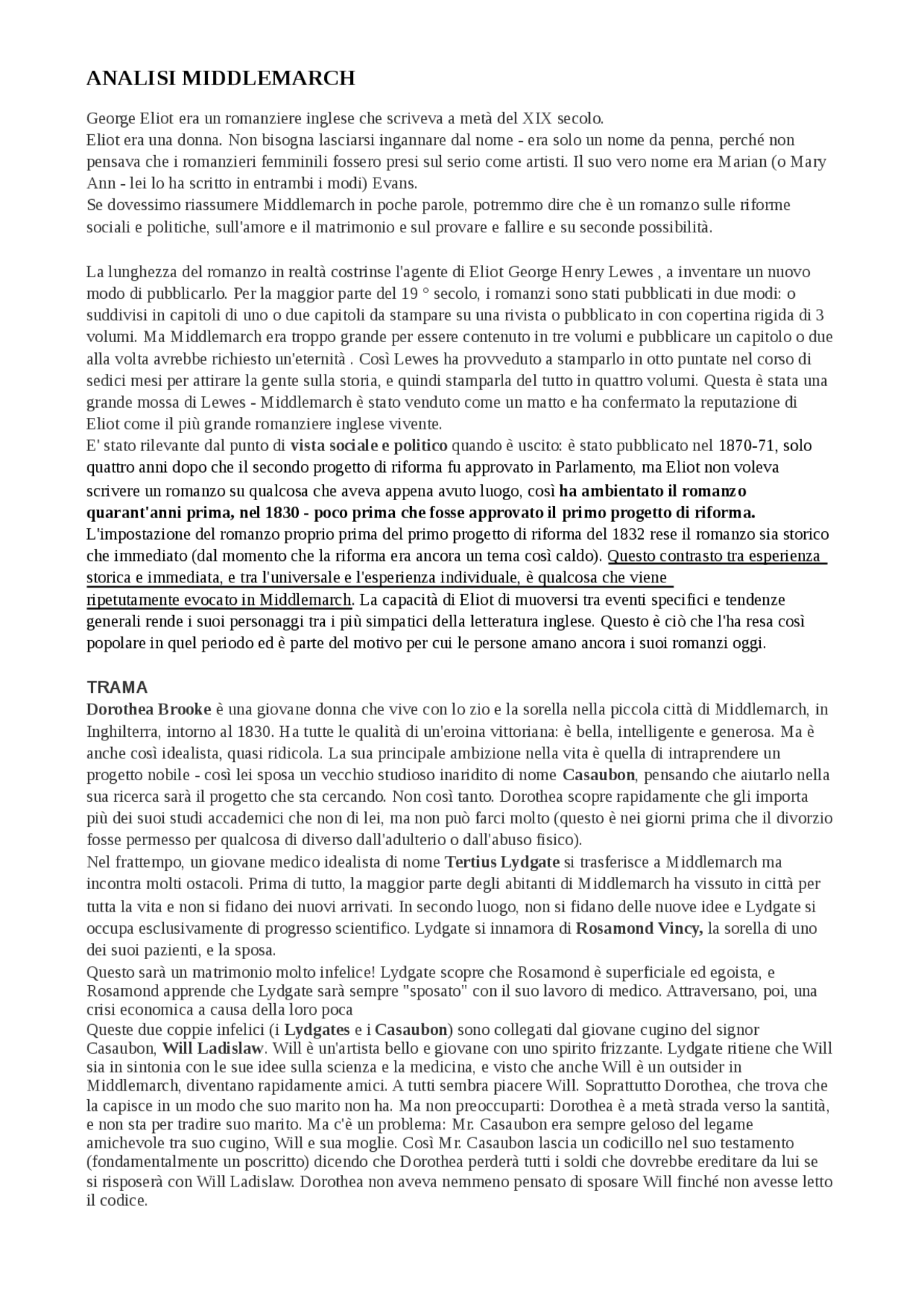 Analisi Completa Middlemarch Docsity