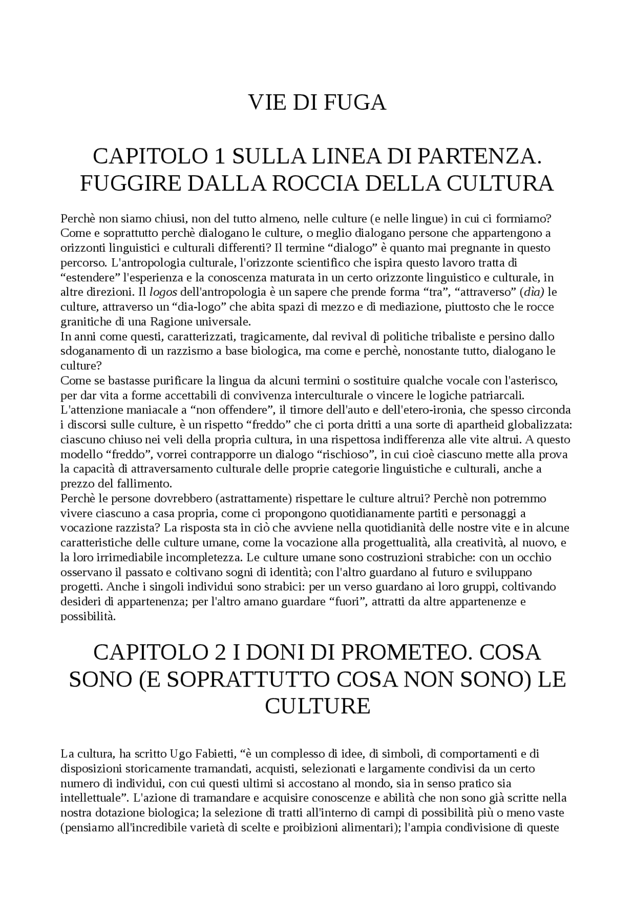 Riassunto Di Vie Di Fuga Libro Di Adriano Favole Docsity