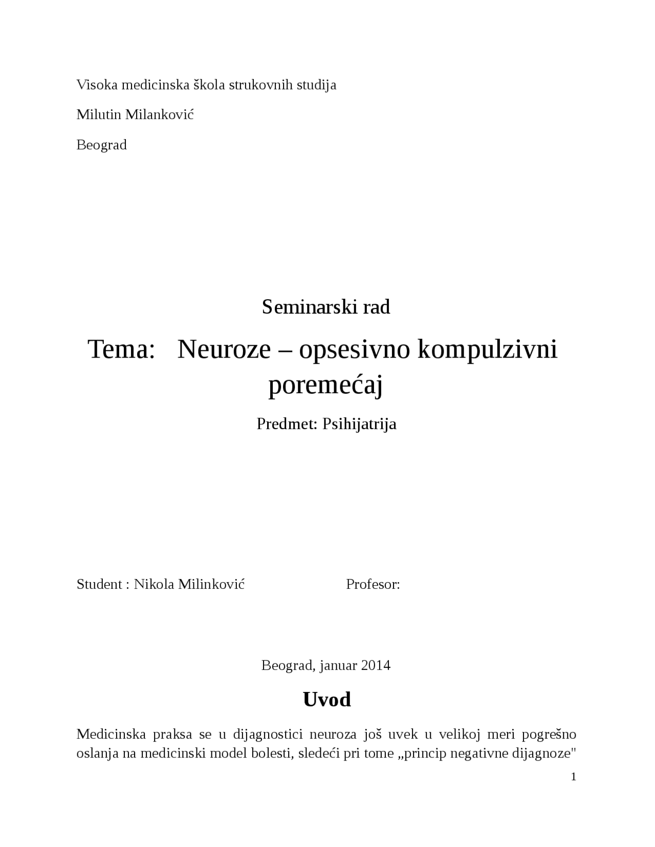 Psihijatrija Seminarski Esej Predlog Psihijatrija Docsity