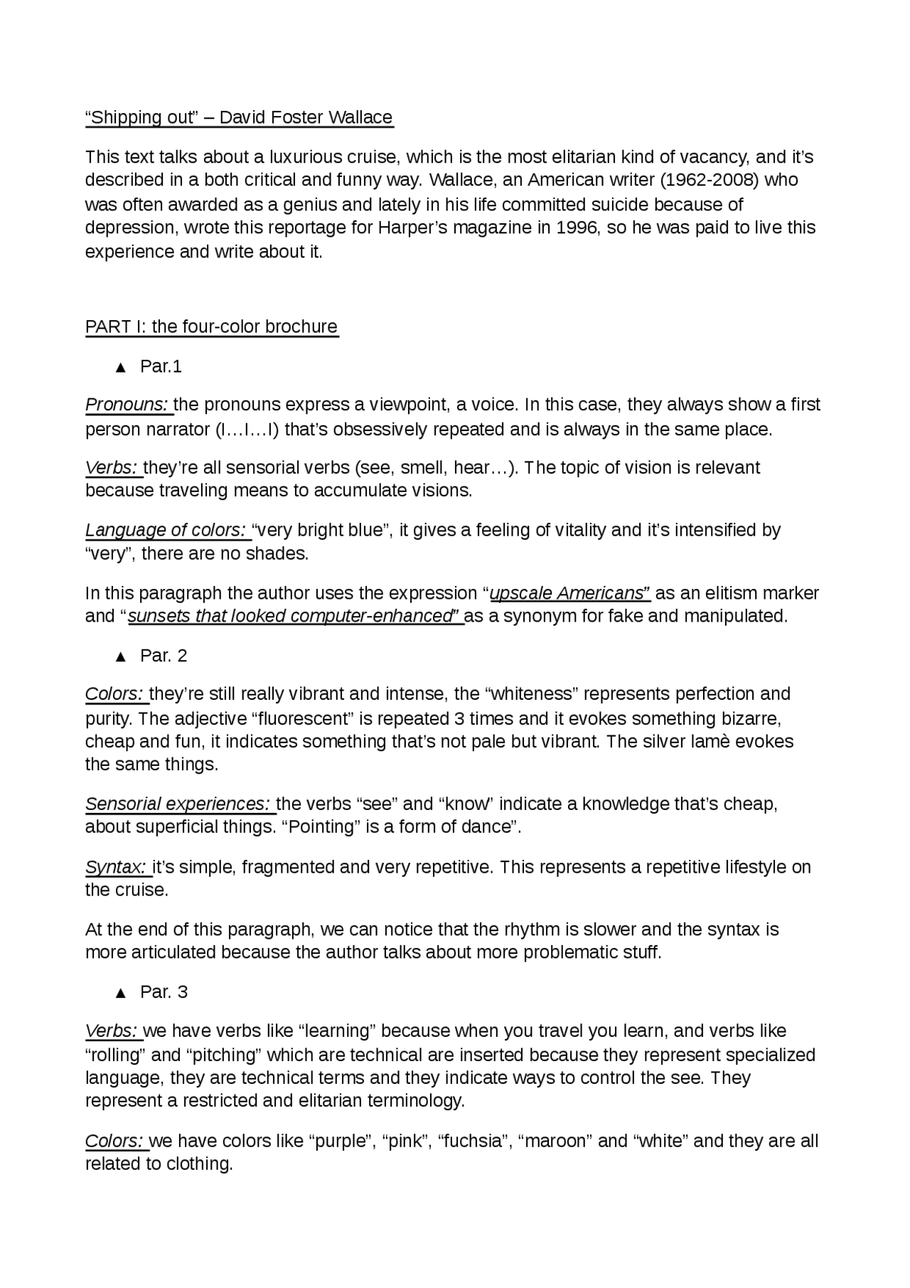 "Shipping out" - David Foster Wallace, analisi e riassunto - Docsity