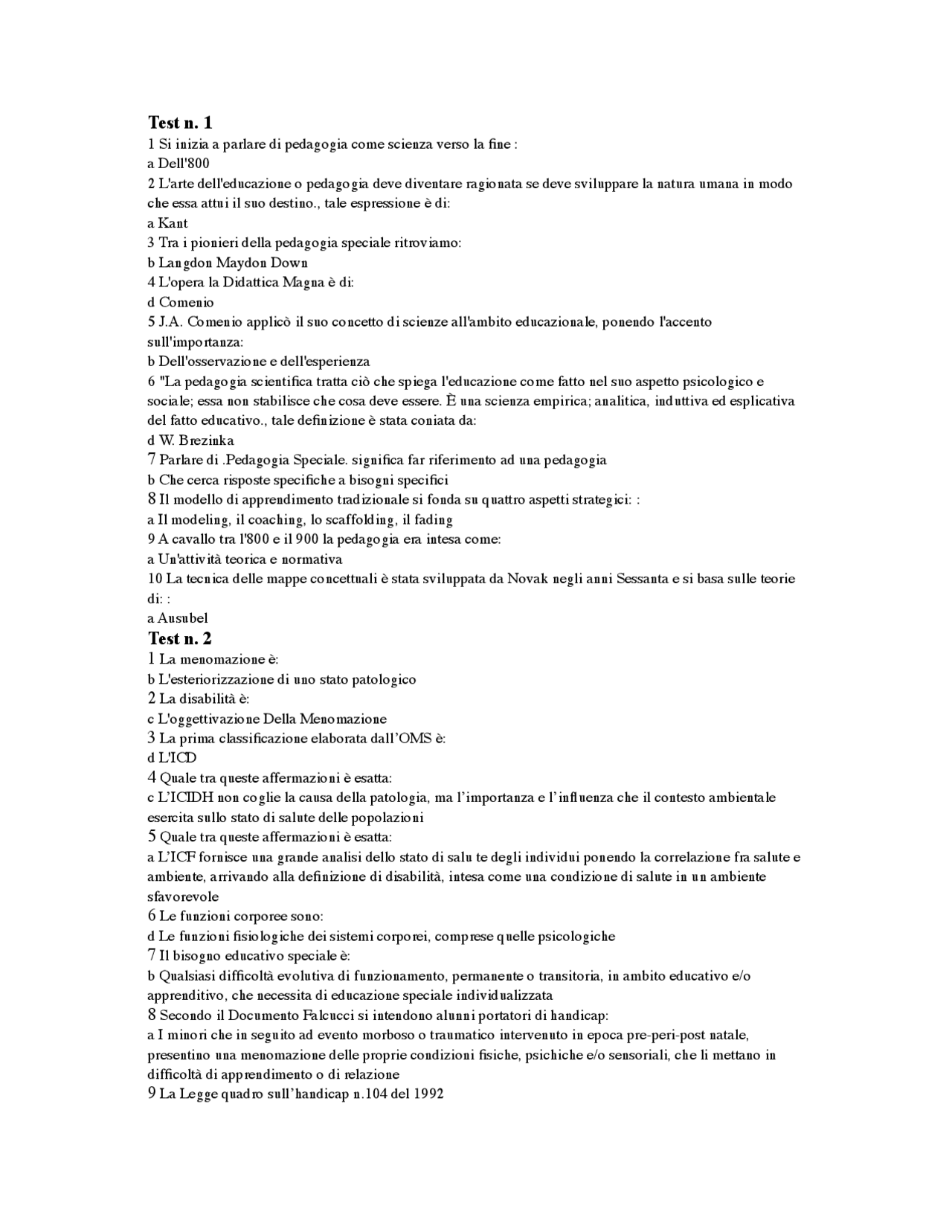Didattica Speciale Risposte Test Prove Desame Di Didattica Generale