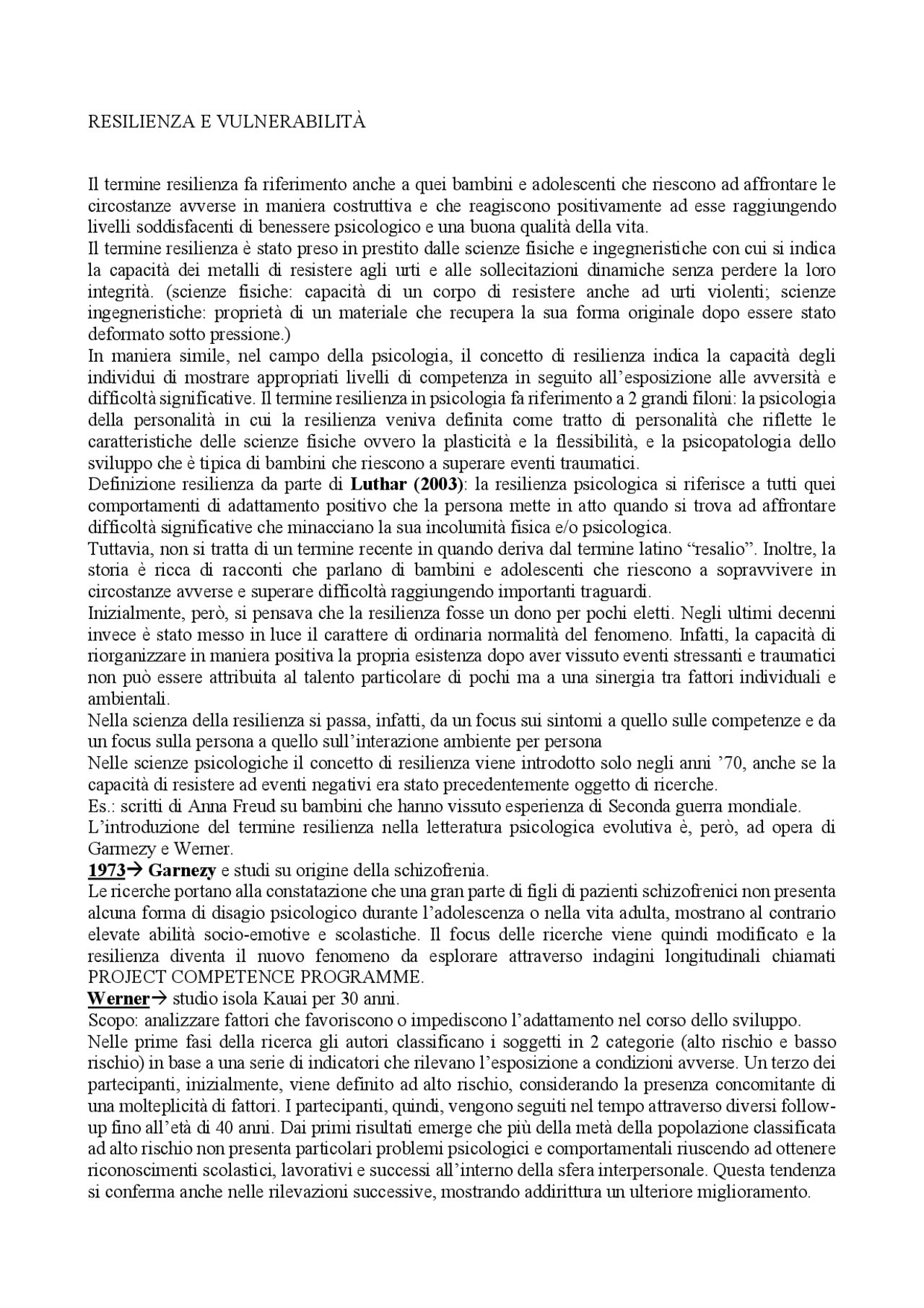 Resilienza E Vulnerabilità Psicologica Nel Corso Dello Sviluppo Docsity