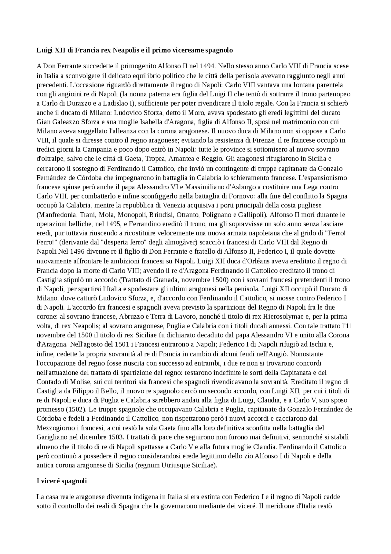 Luigi XII di Francia rex Neapolis e il primo vicereame spagnolo - Docsity