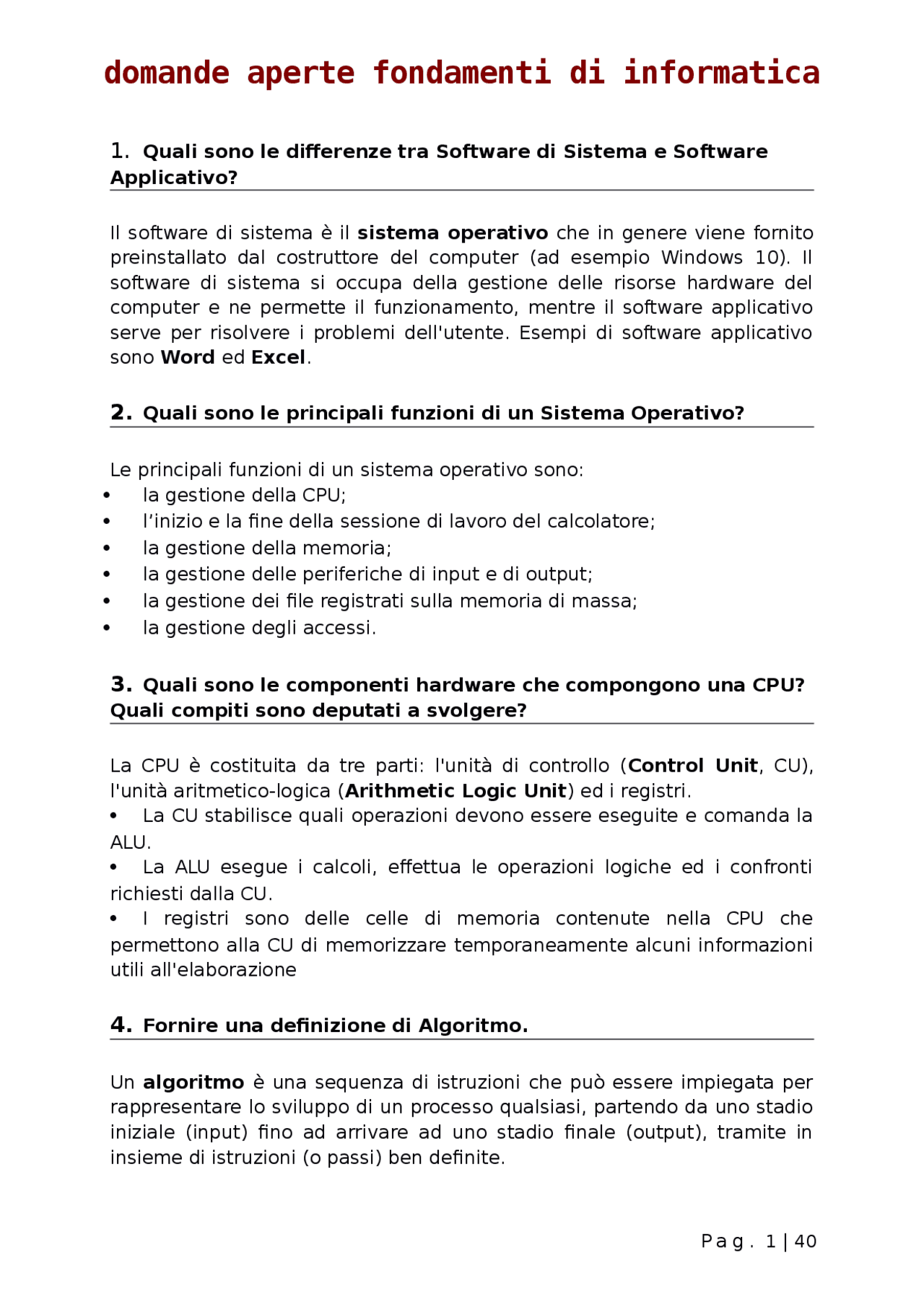 Domande aperte esame fondamenti di informatica - Docsity