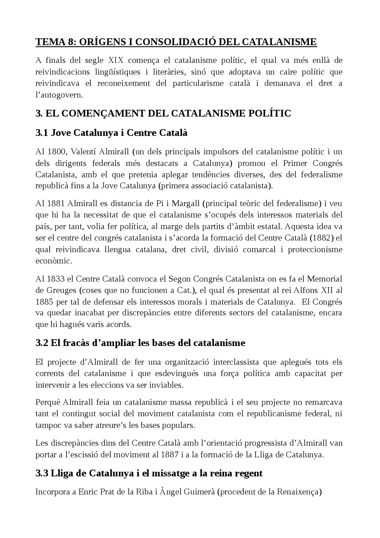 Resum Tema 8 Catalanisme Politic Docsity