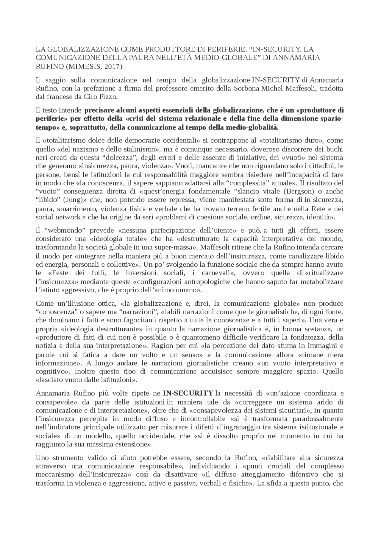 In Security Rufino Riassunto Curato Con Punti Chiave Docsity