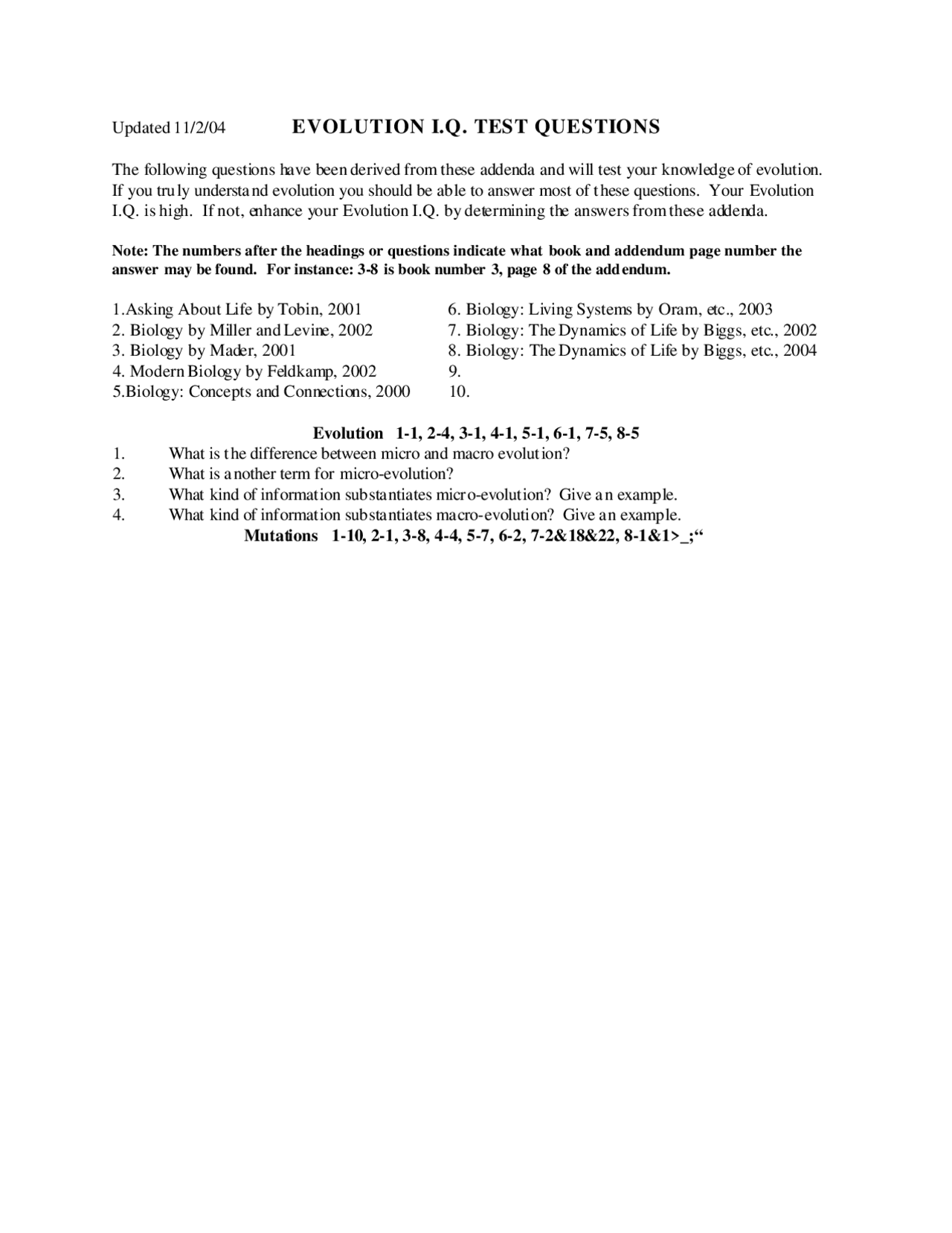 Evolution I.Q. Test Questions | Exams Biology | Docsity