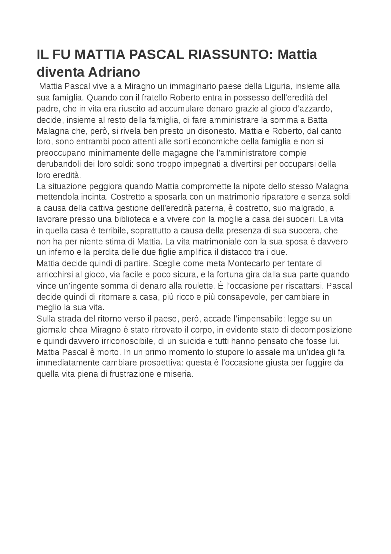 Il Fu Mattia Pascal Riassunto Appunti Di Italiano Docsity