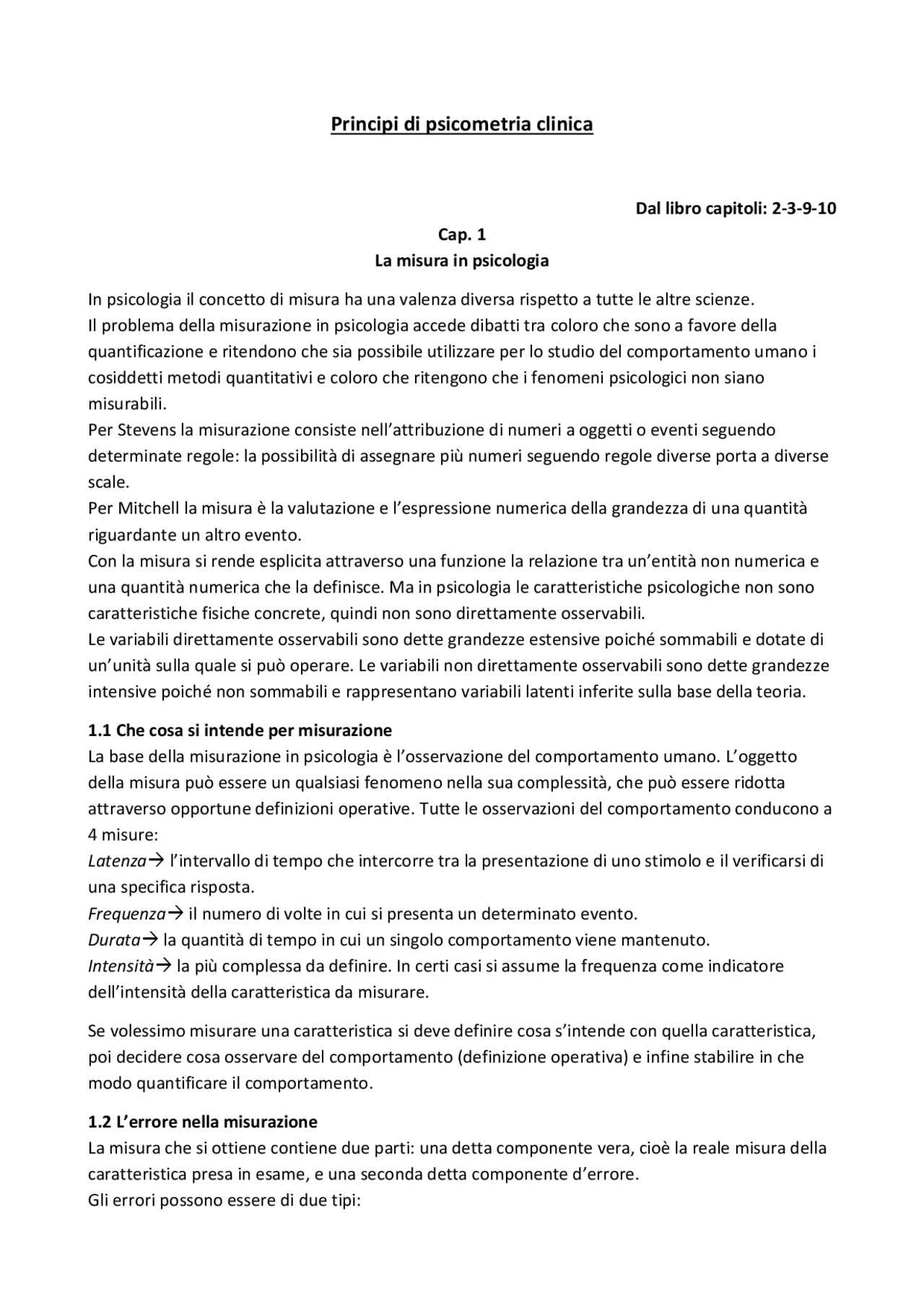 Riassunto Del Libro Principi Di Psicometria Clinica Docsity
