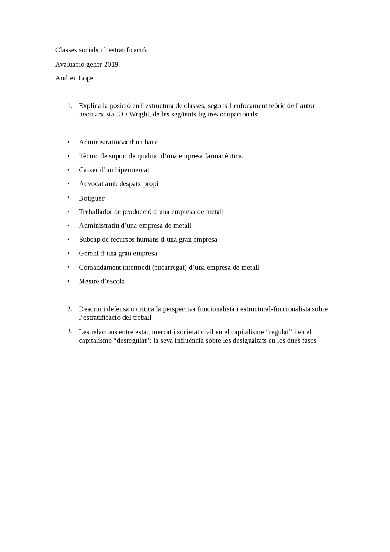 Examen Classes Socials I Estratificació Gener 2019 Docsity