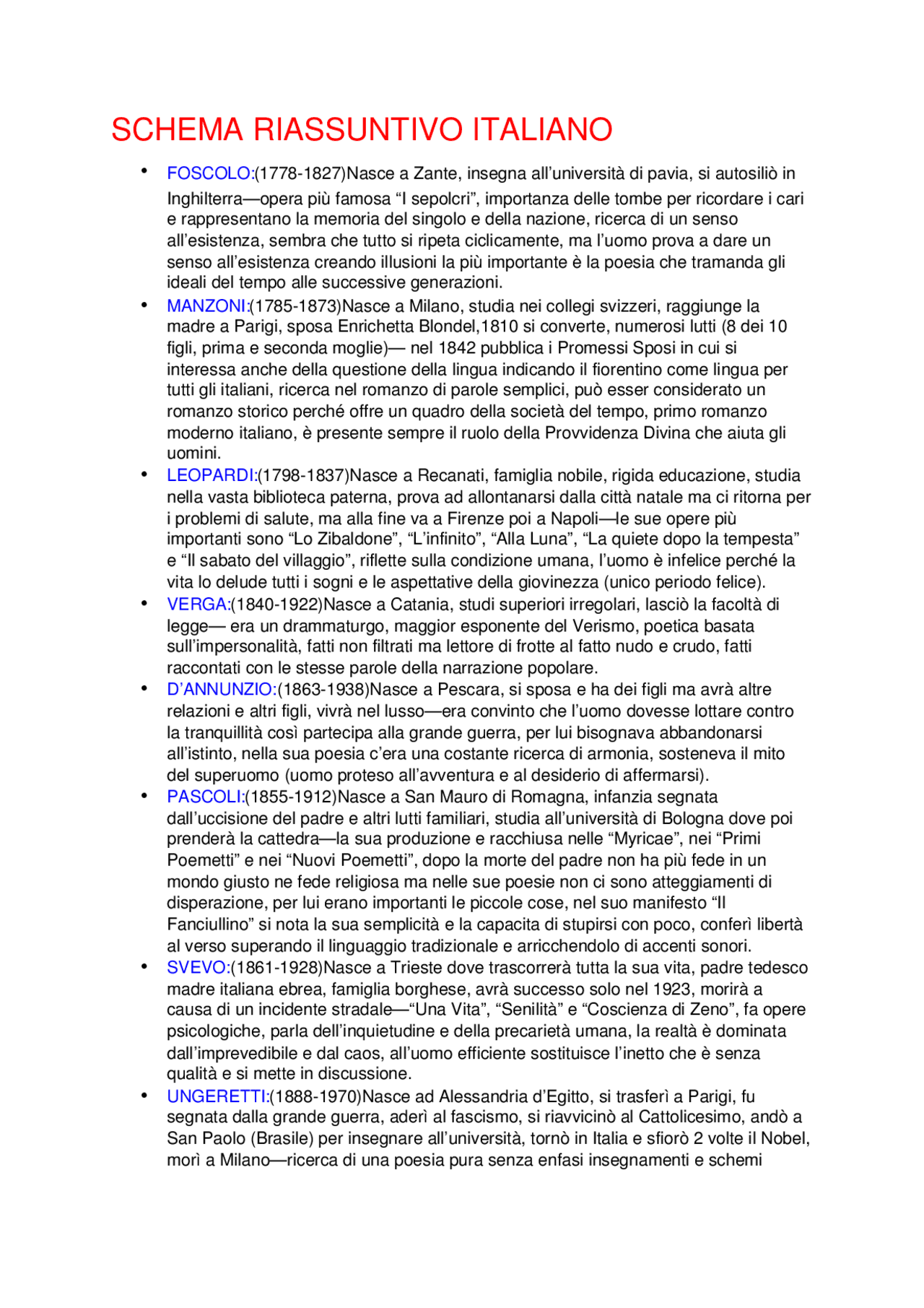Riassunto Poeti 5 Superiore Docsity