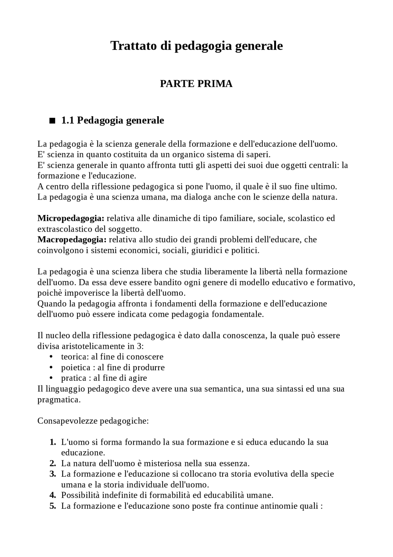 Riassunto Prima e Seconda parte "Trattato generale di pedagogia" di Mario Gennari - Docsity
