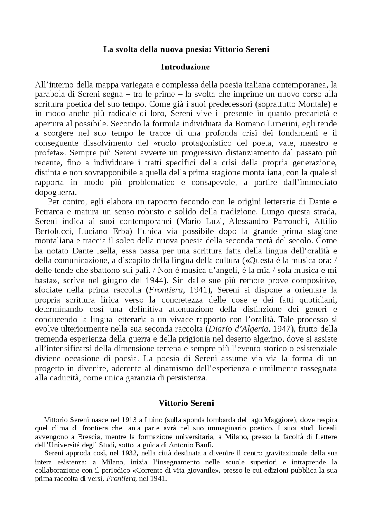 Vittorio Sereni Testi E Appunti Appunti Di Letteratura Italiana Docsity