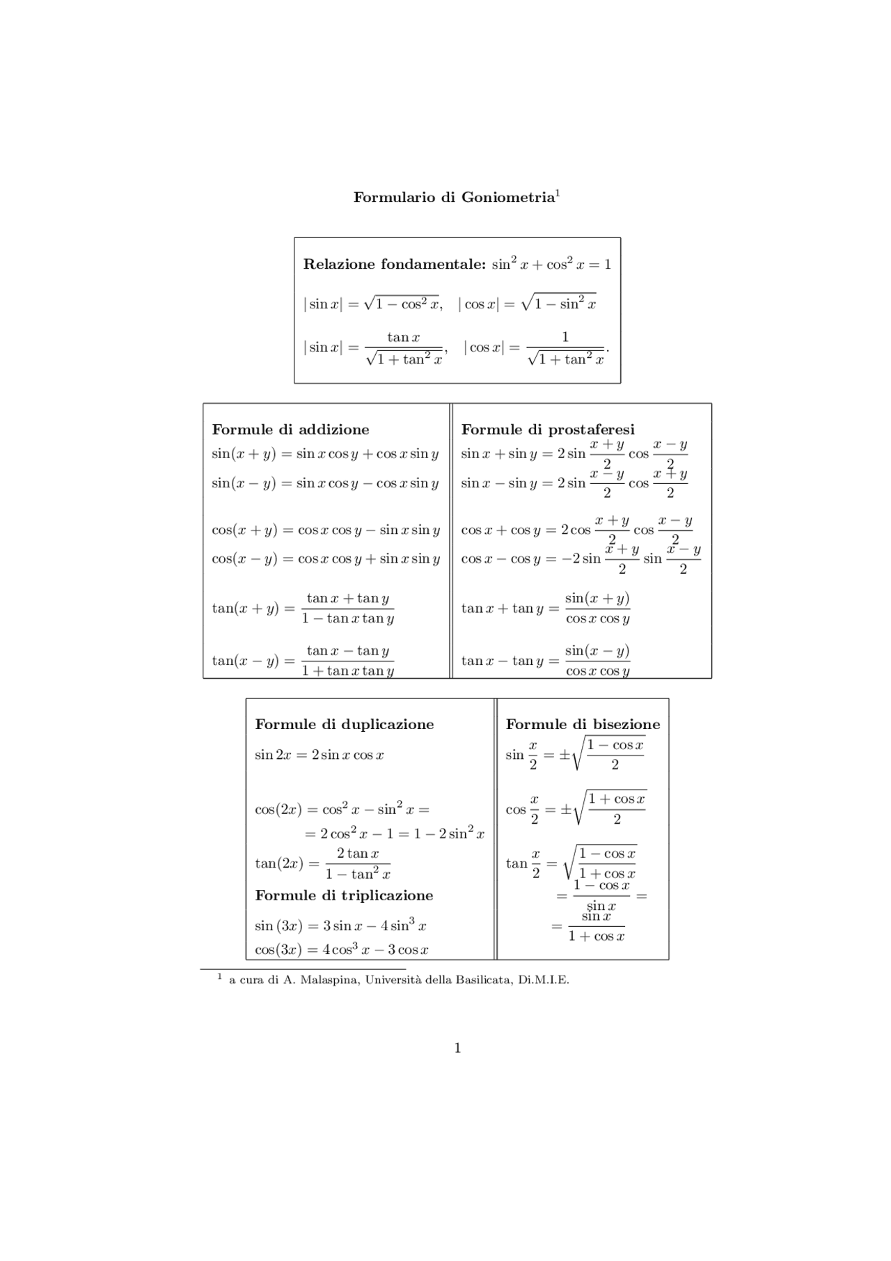 Formulario Riepilogativo Di Goniometria Docsity