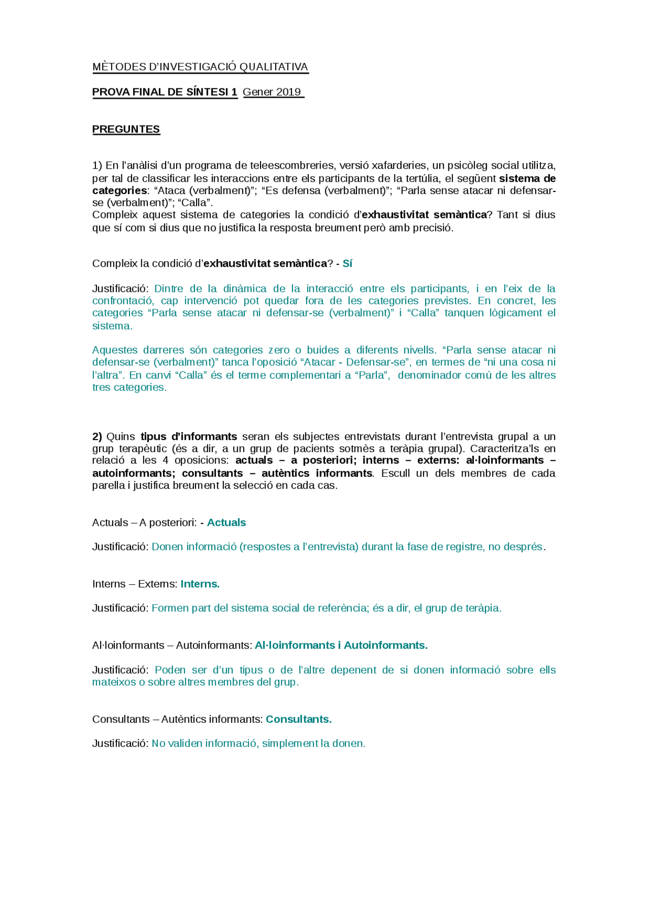 Mètodes Dinvestigció Qualitativa Solució 1 Ps 2019 Docsity