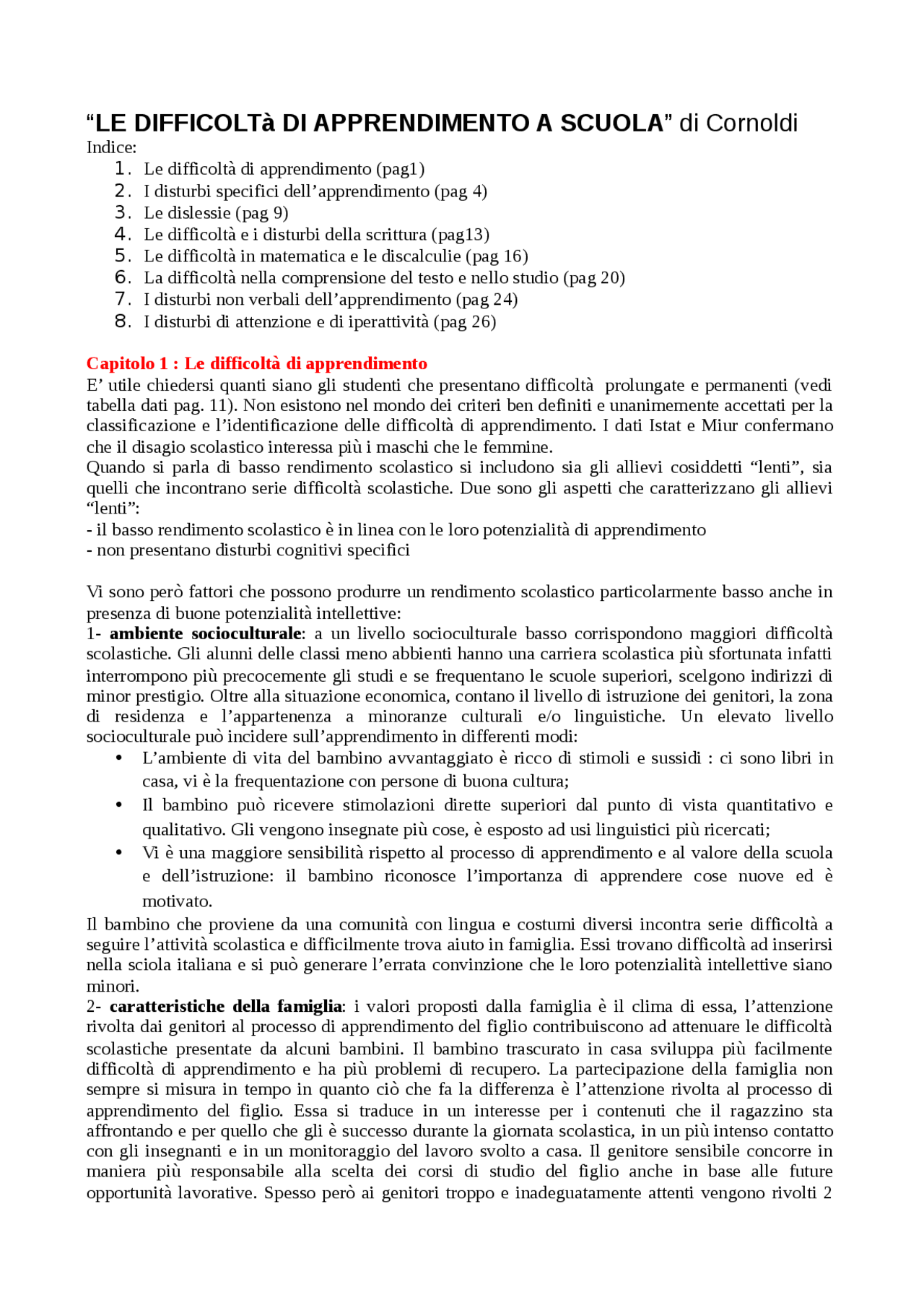 Le Difficoltà Di Apprendimento A Scuola” Di Cornoldi Docsity