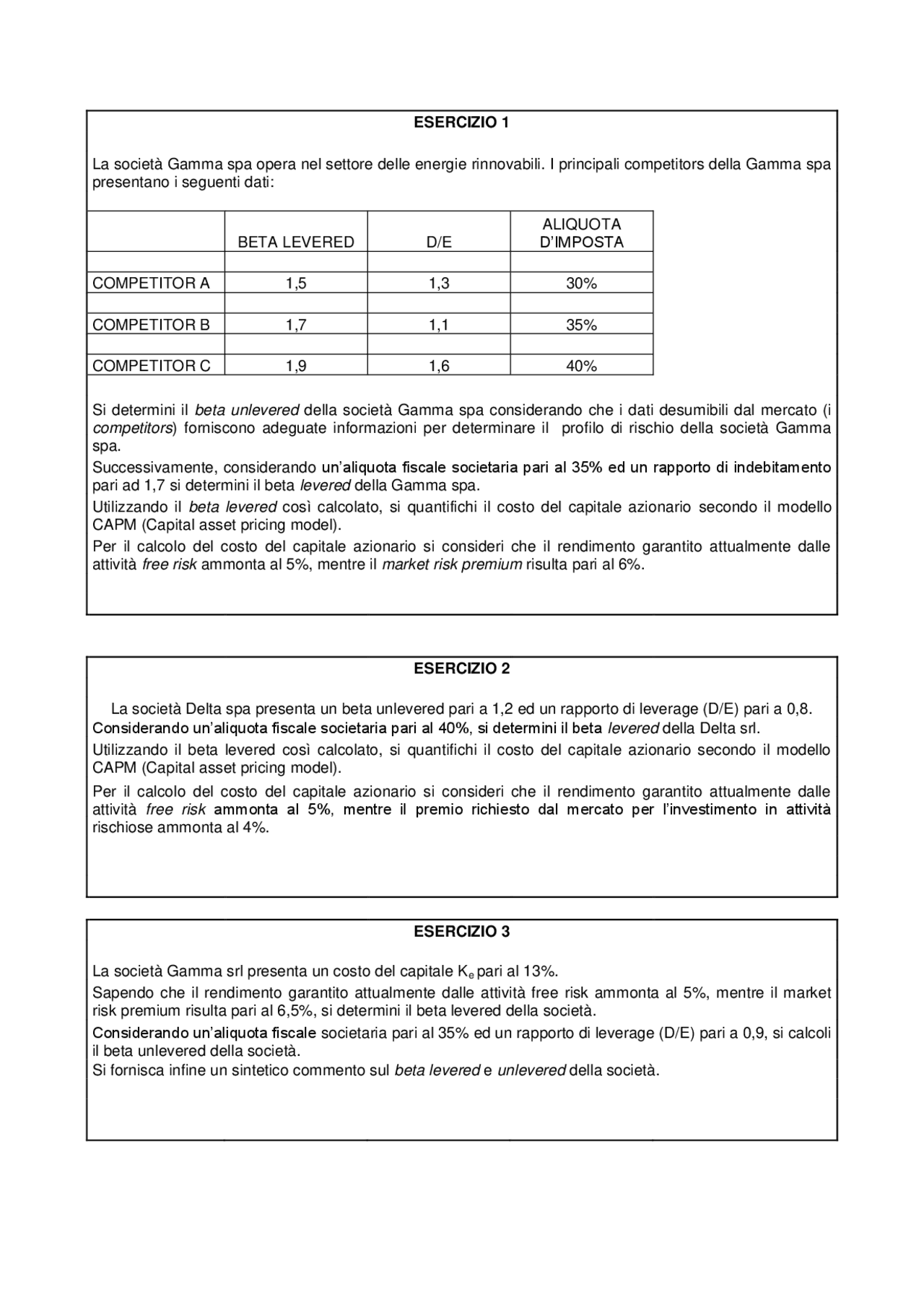 Esercizi sul calcolo del beta e del capm | Esercizi di Finanza ...