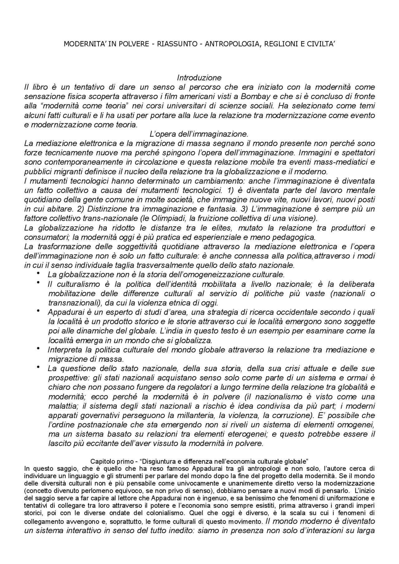 Modernità In Polvere Riassunto Appadurai Schemi E Mappe