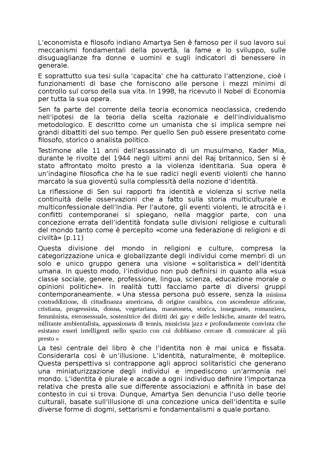 Relazione Su Identity And Violence Di Amartya Sen Docsity