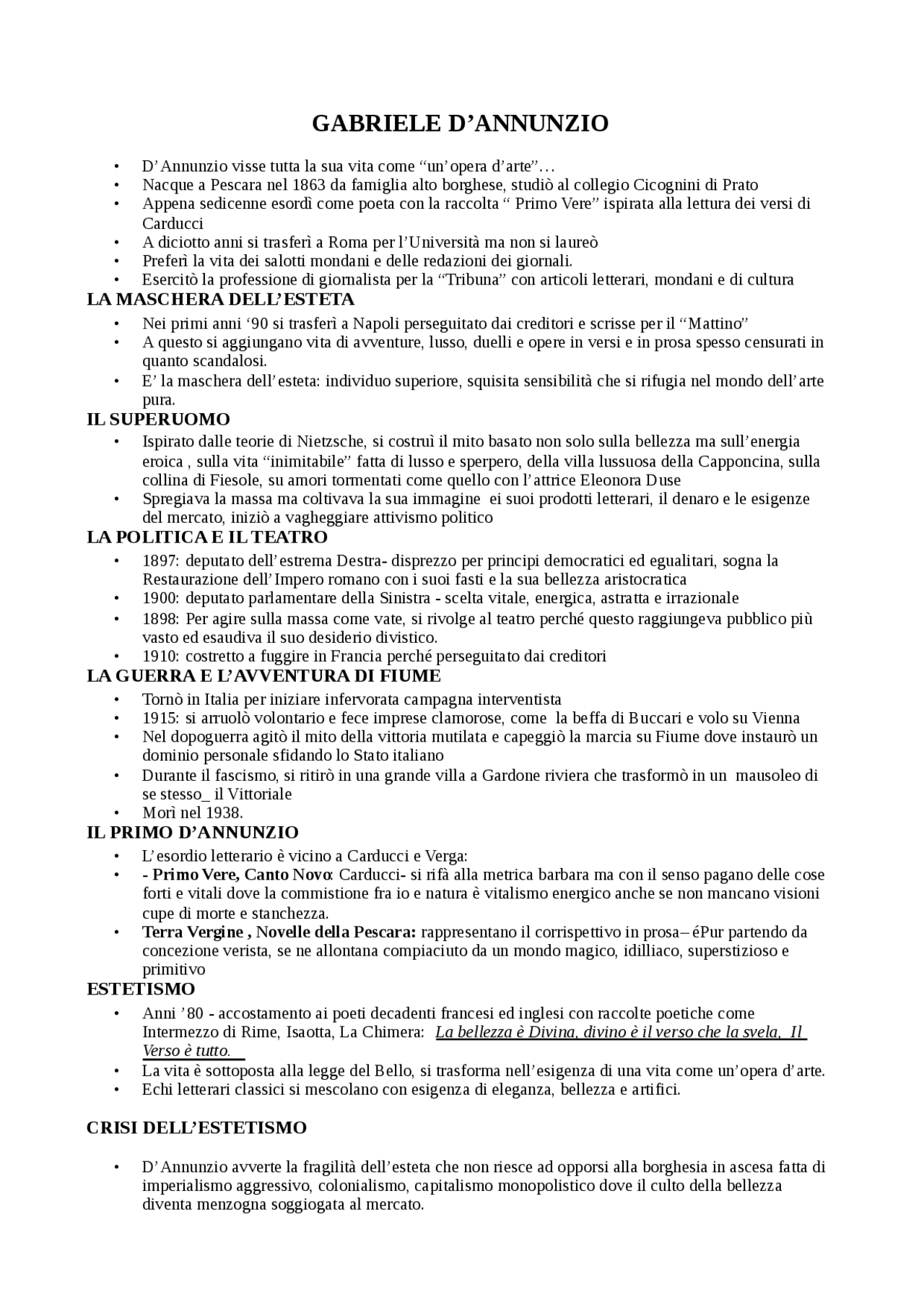 Riassunto Gabriele Dannunzio Docsity